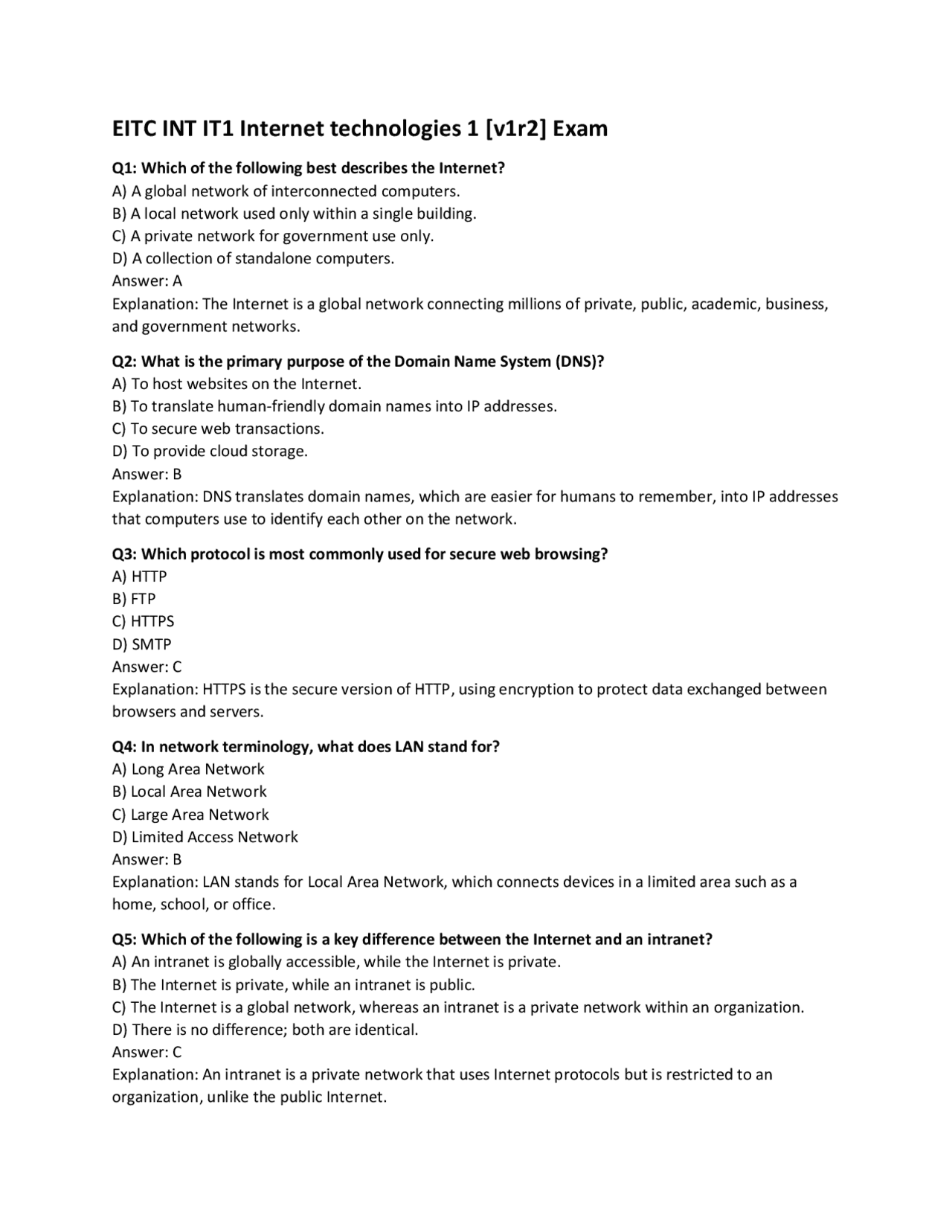 Internet Technologies Exam: Multiple Choice Questions and Answers ...