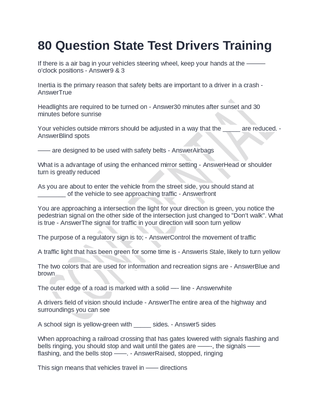 80 Question State Test Drivers Training | Exams Nursing | Docsity