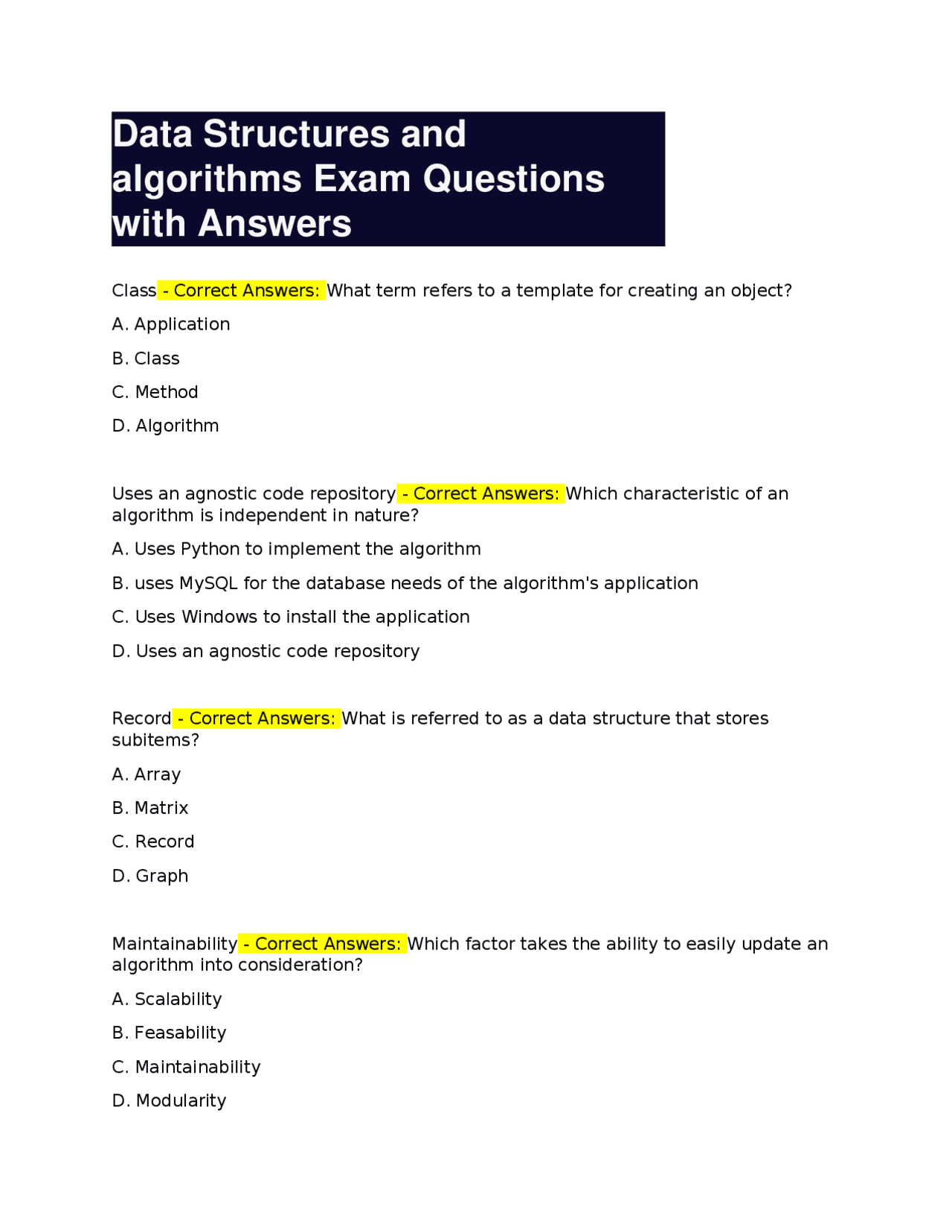 Data Structures and algorithms Exam Questions and Answers | Exams ...