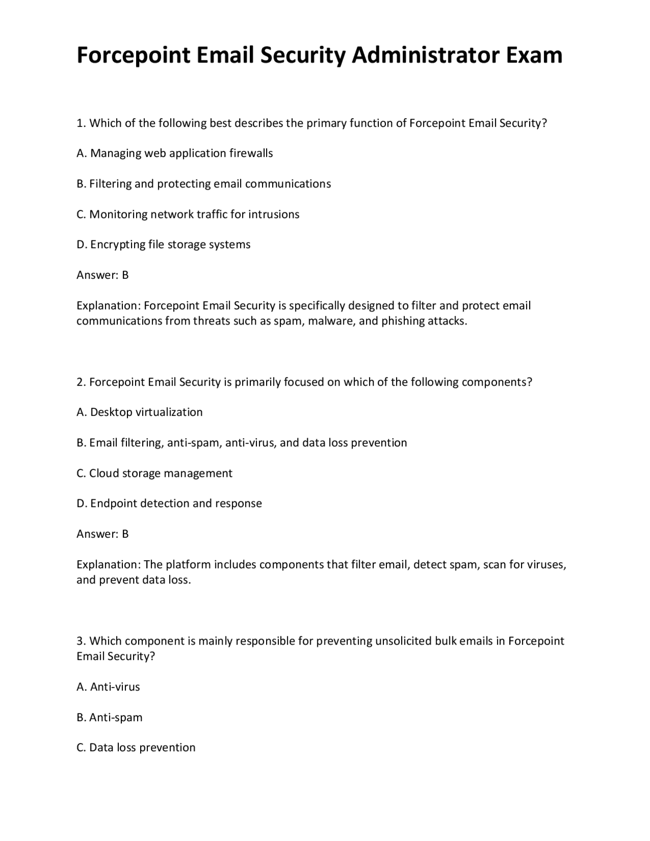 Forcepoint Email Security Administrator Exam: Questions and Answers | Exams Technology | Docsity