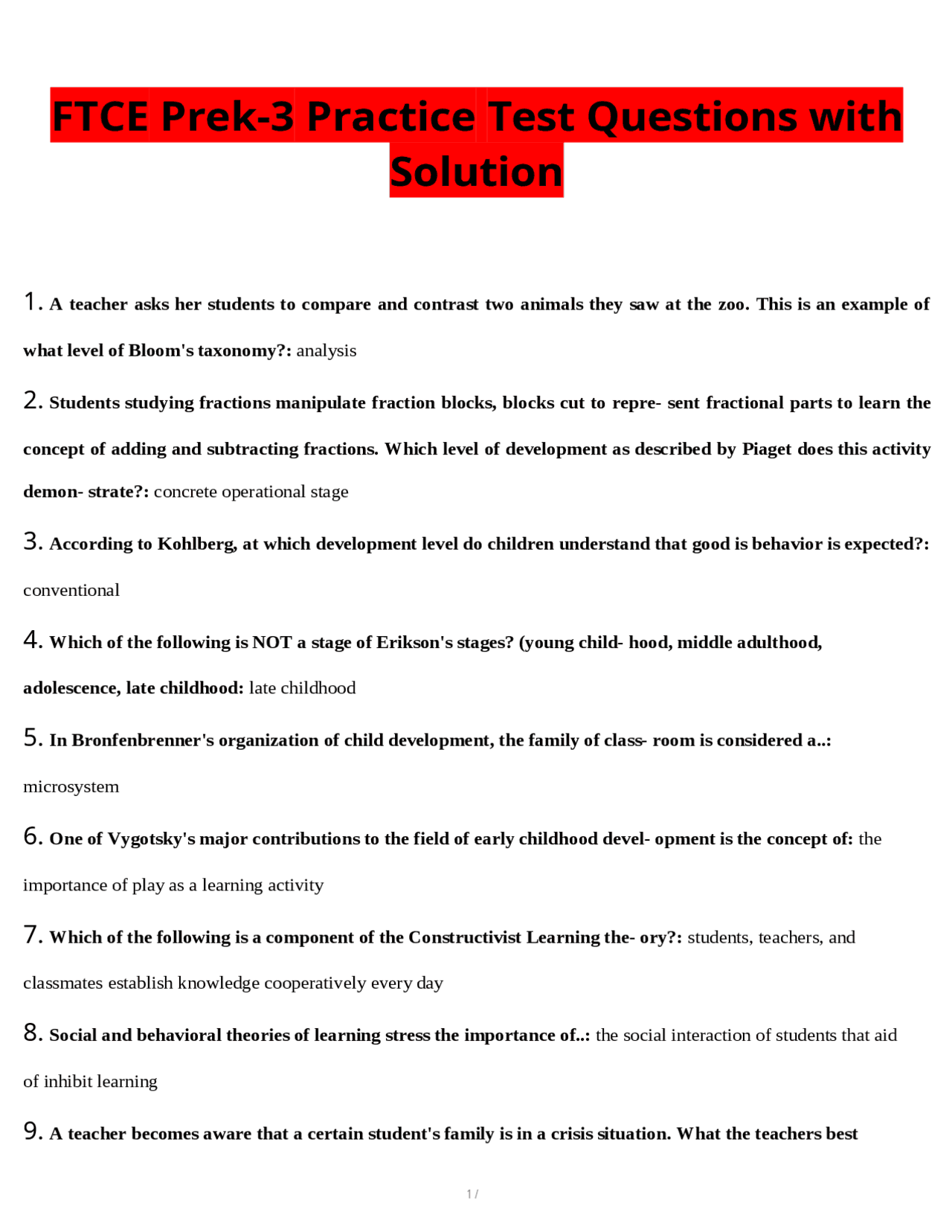 FTCE PreK-3 Practice Test: Educational Psychology and Child Development ...