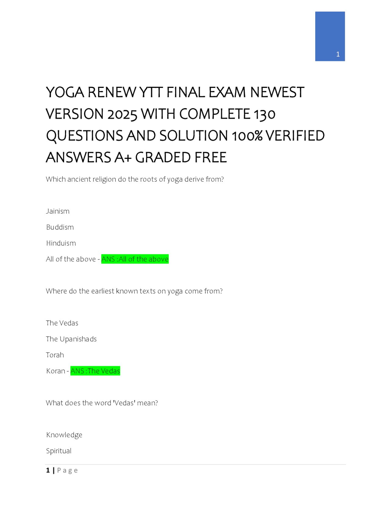YOGA RENEW YTT FINAL EXAM NEWEST VERSION 2025 WITH COMPLETE 130 ...
