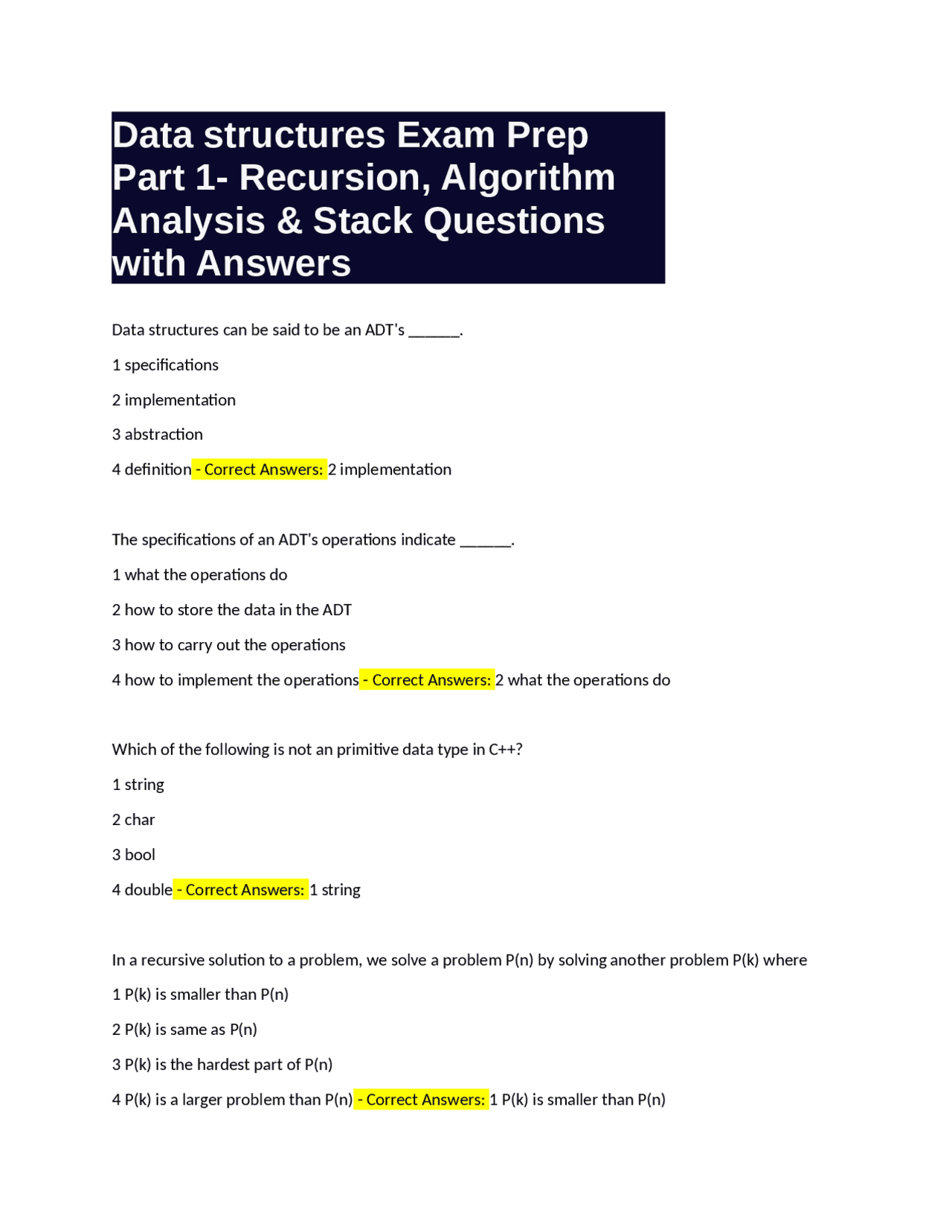 Data Structures Exam Prep Part 1 Recursion Algorithm Analysis And Stack