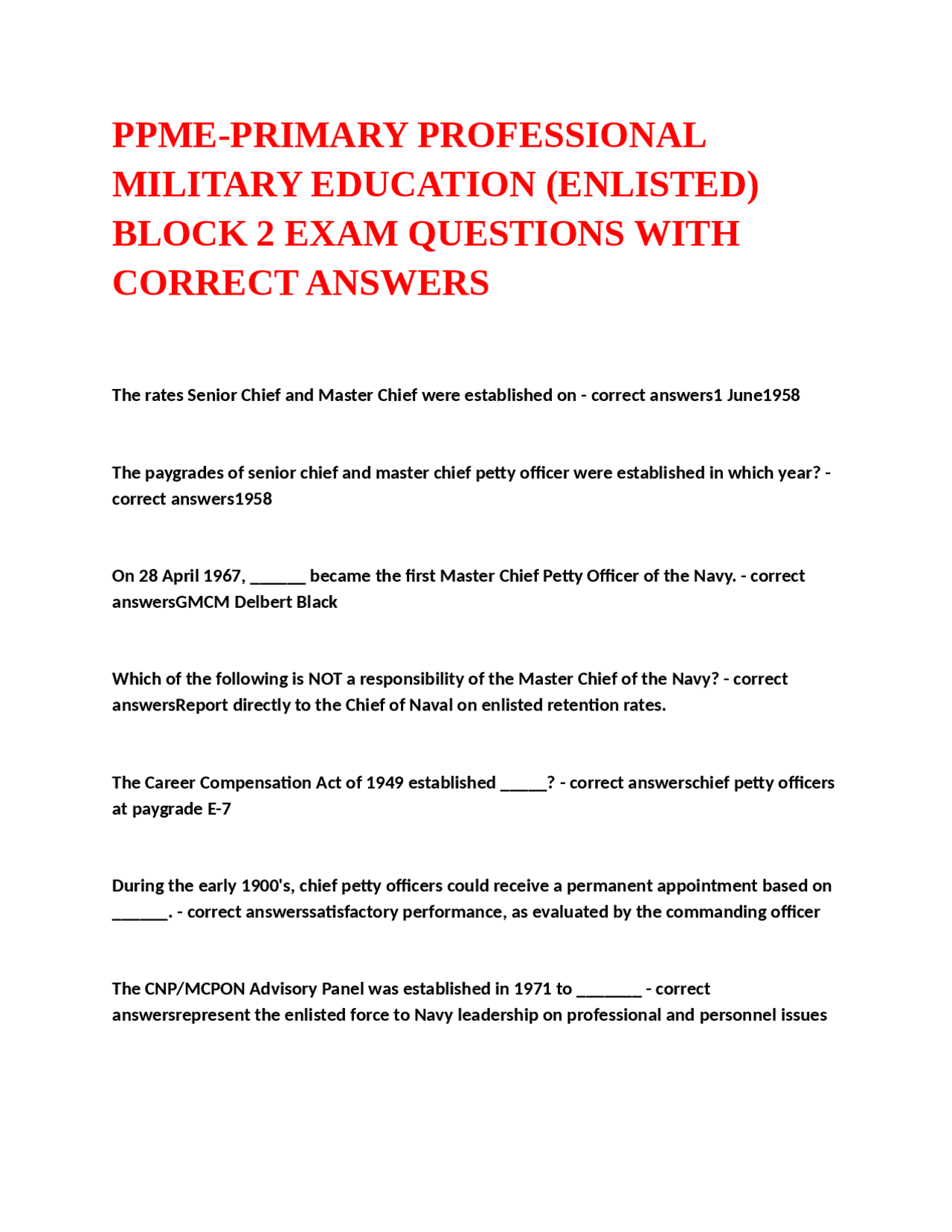 PPME-PRIMARY PROFESSIONAL MILITARY EDUCATION (ENLISTED) BLOCK 2 EXAM ...