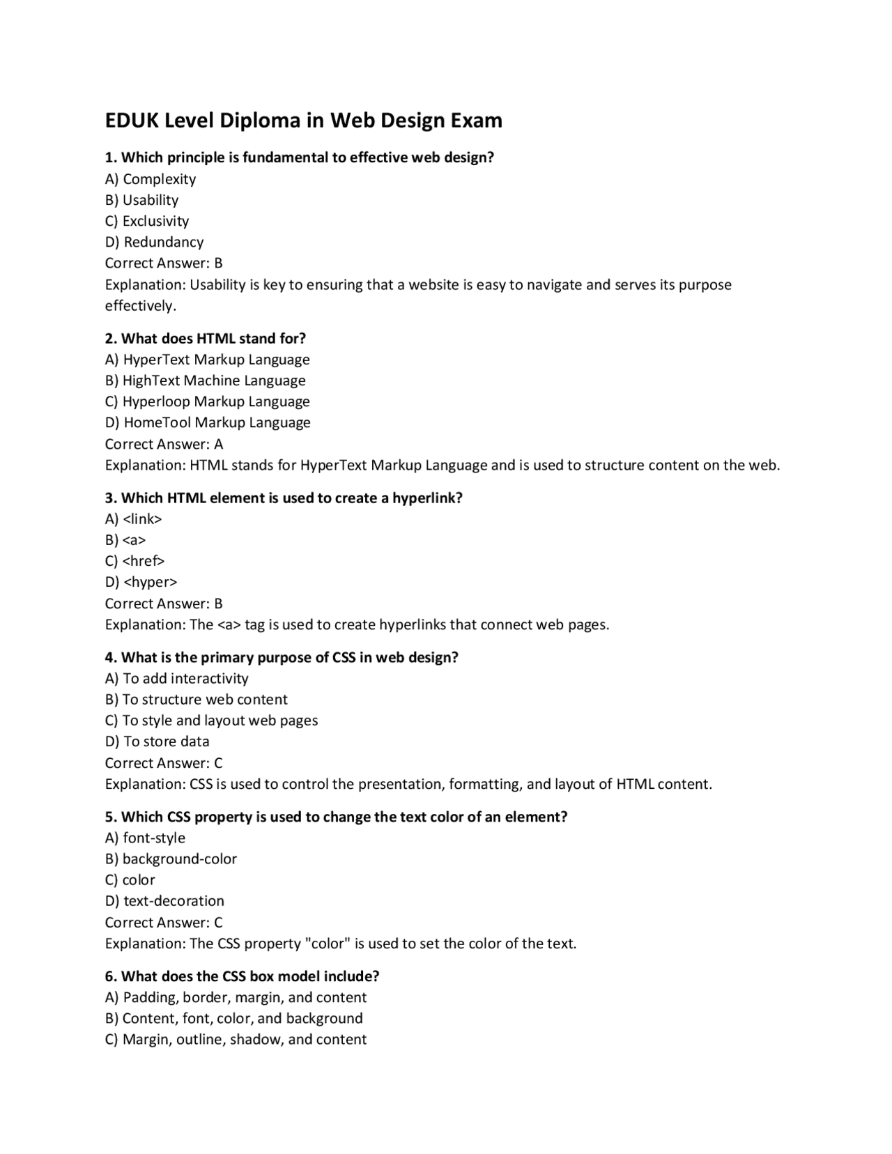 EDUK Level Diploma in Web Design Exam | Exams Technology | Docsity