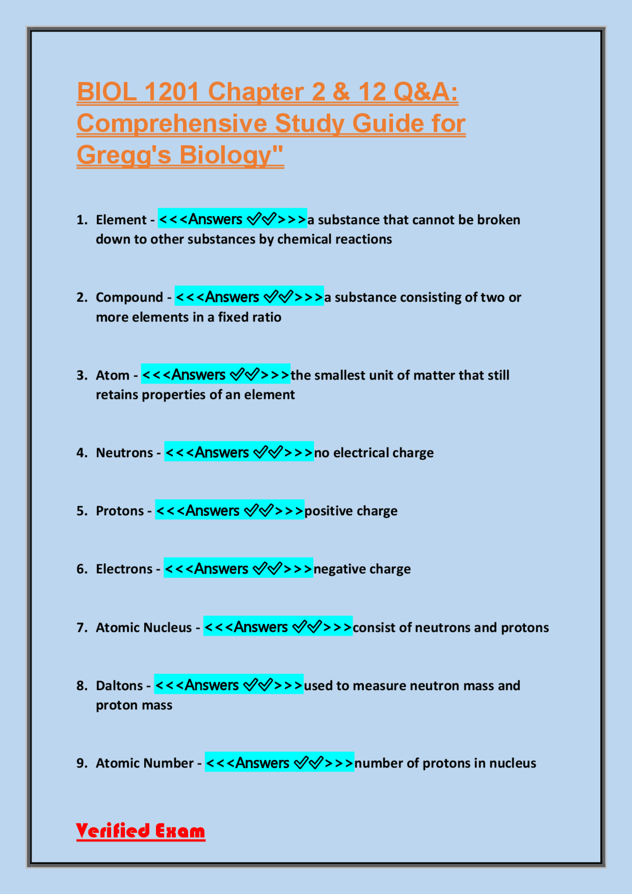 BIOL 1201 Chapter 2 & 12 Q&A: Comprehensive Study Guide for Gregg's ...