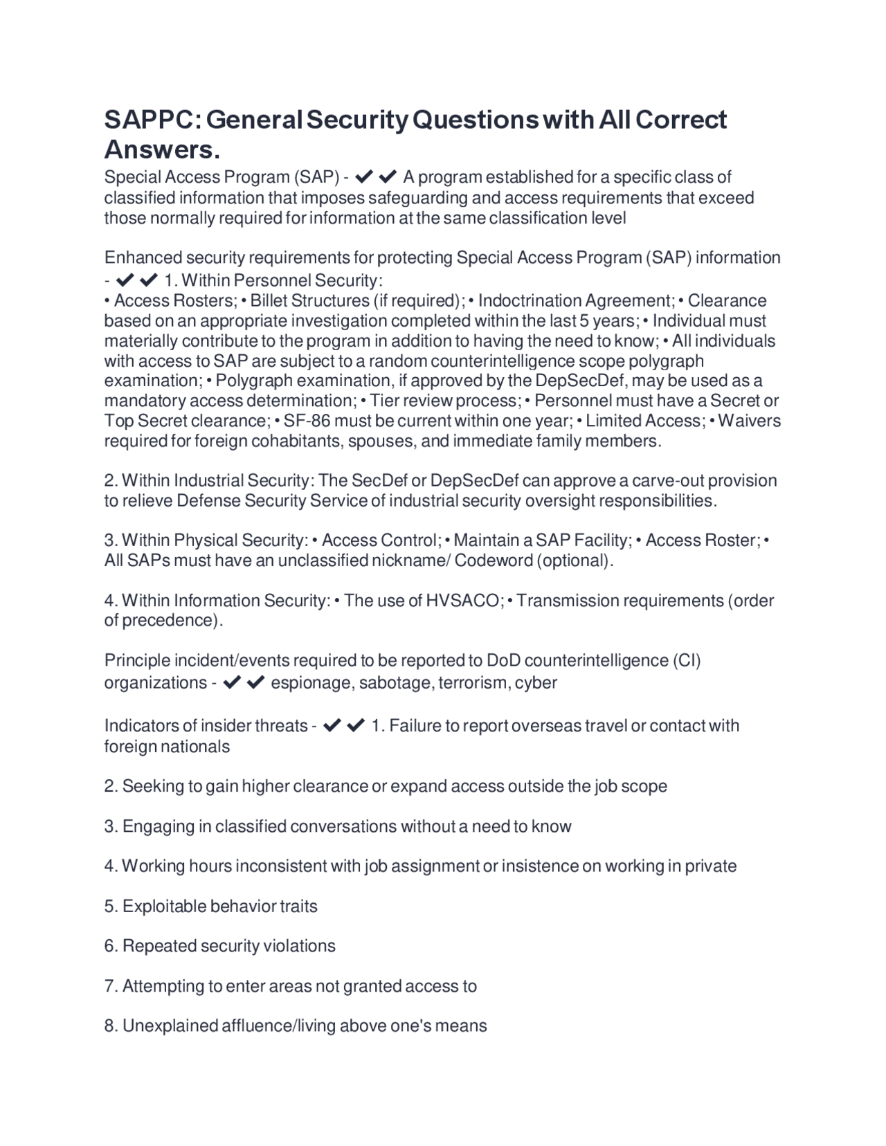 Special Access Programs (SAPs): Security Questions and Answers | Exams Computer Security | Docsity