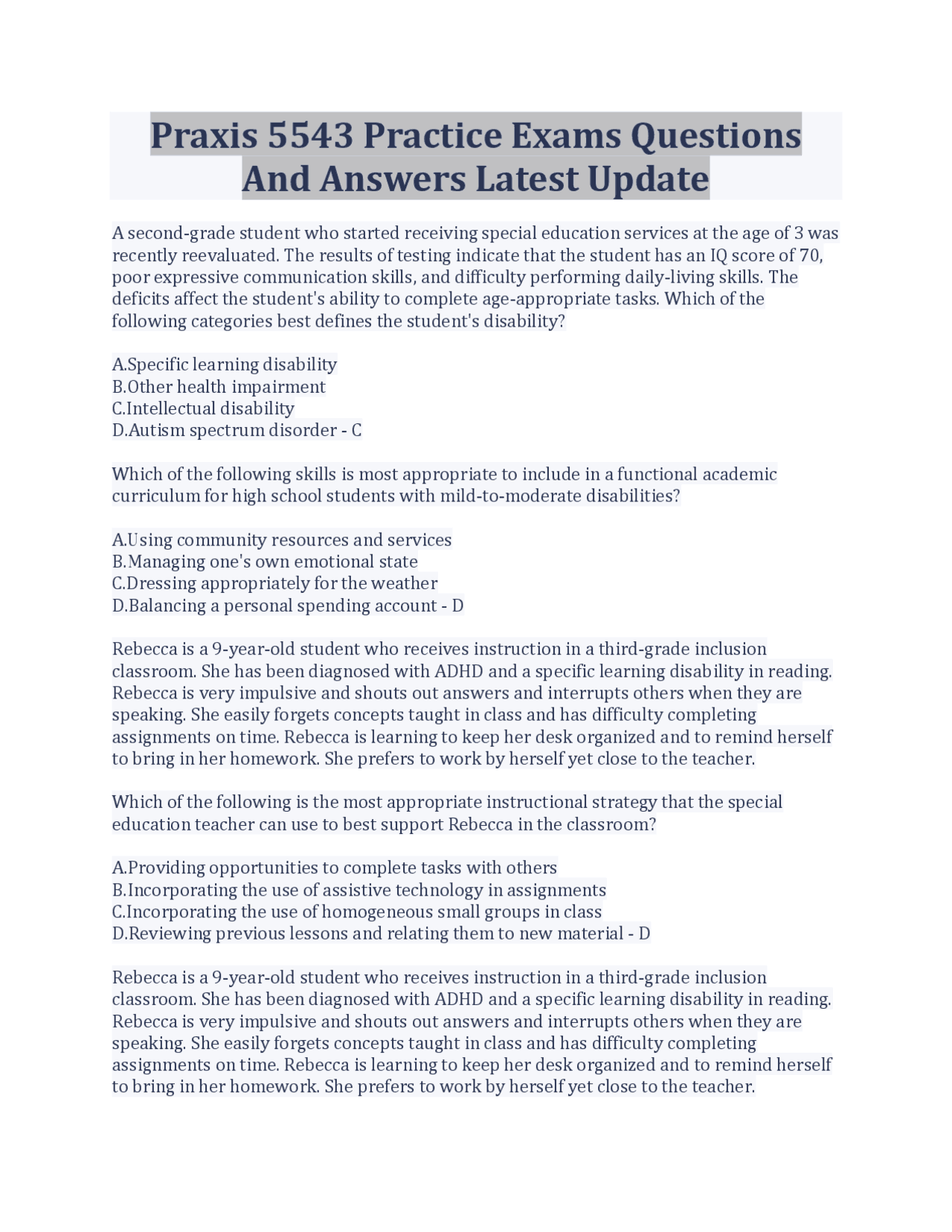 Praxis 5543 Practice Exams Questions And Answers Latest Update | Exams ...