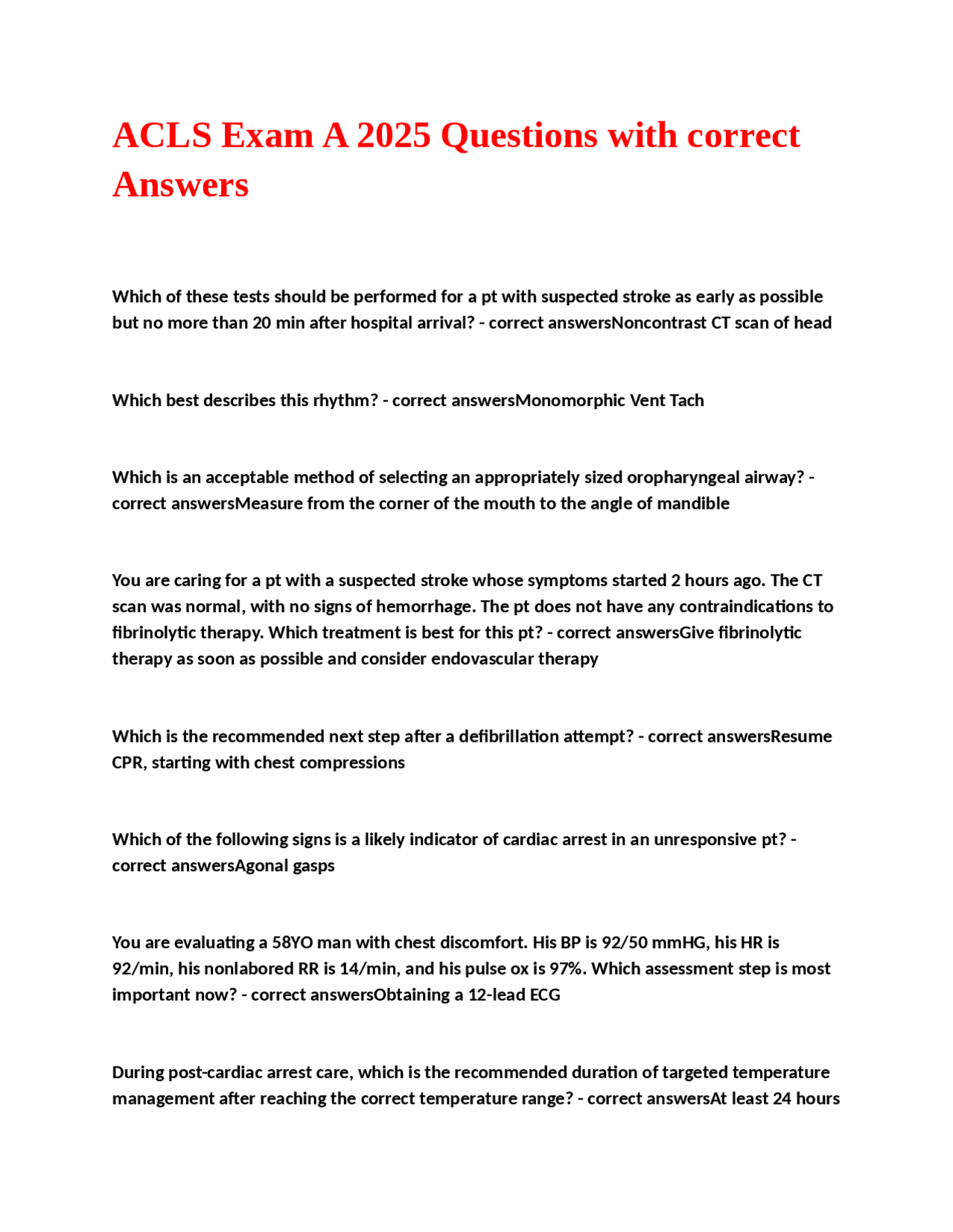 ACLS Exam A 2025 Questions with correct Answers. | Exams Medicine | Docsity