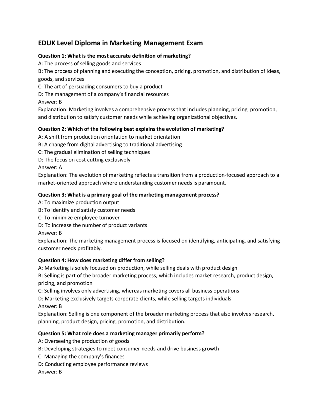 Marketing Management Exam Questions and Answers | Exams Technology ...