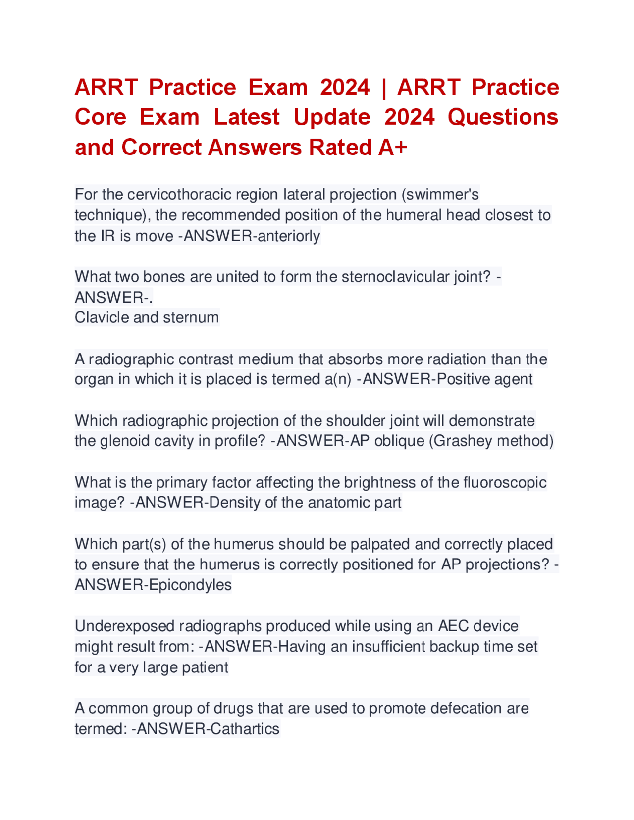 ARRT Practice Exam 2024: Questions and Answers for Radiography | Exams ...