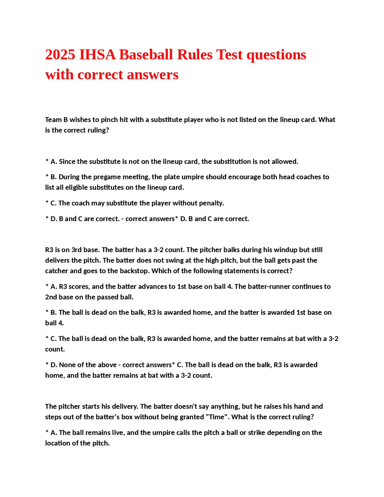 2025 IHSA Baseball Rules Test questions with correct answers. | Exams ...