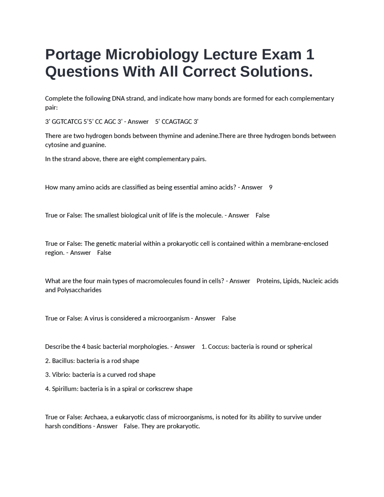 Portage Microbiology Lecture Exam 1 Questions With All Correct ...