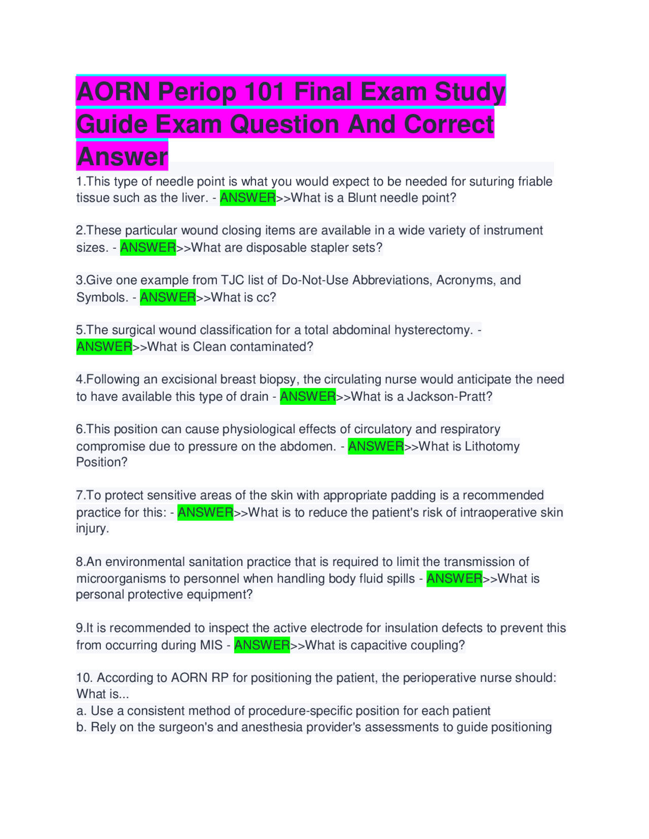 AORN Periop 101 Final Exam Study Guide Exam Question And Correct Answer ...