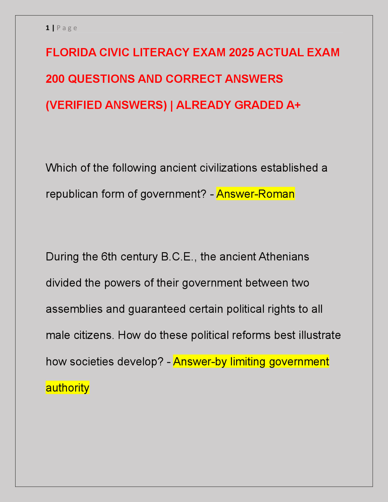 FLORIDA CIVIC LITERACY EXAM 2025 ACTUAL EXAM 200 QUESTIONS AND CORRECT ...