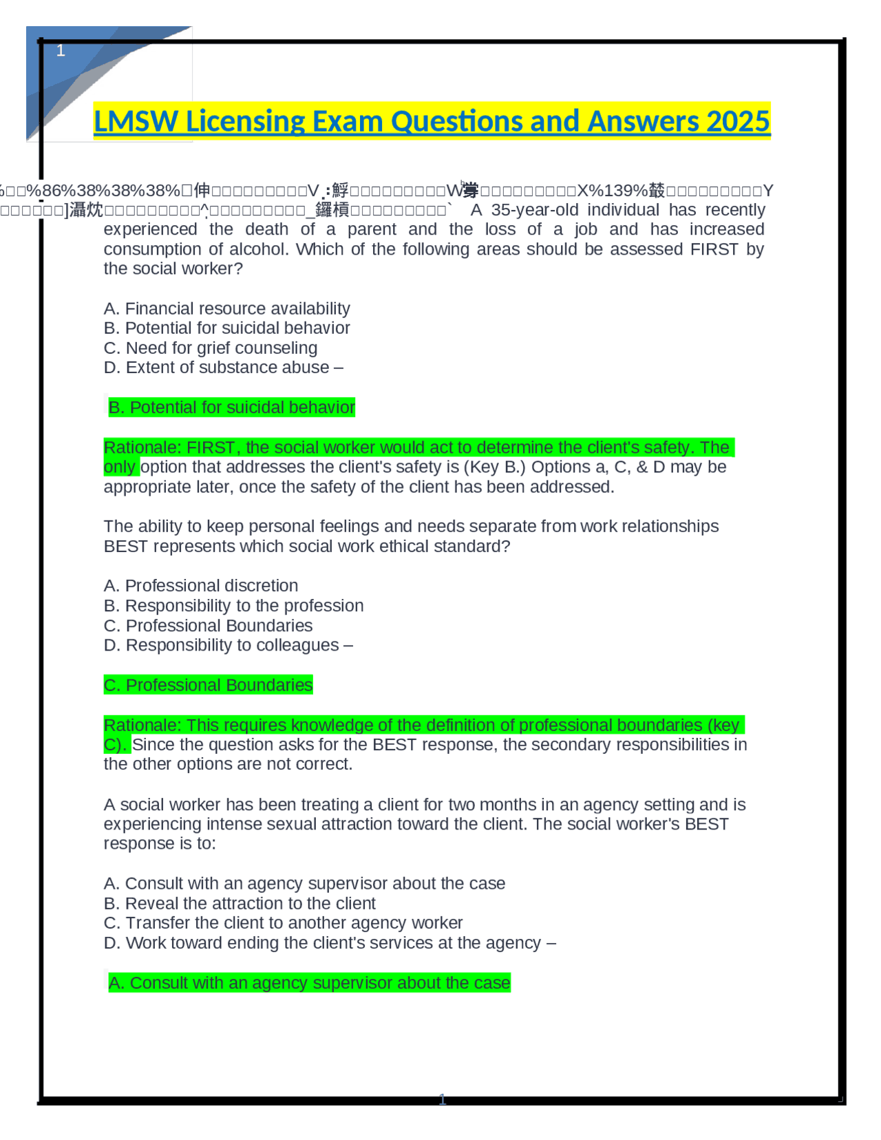 LMSW Exam Practice Questions for Social Workers | Exams Nursing | Docsity