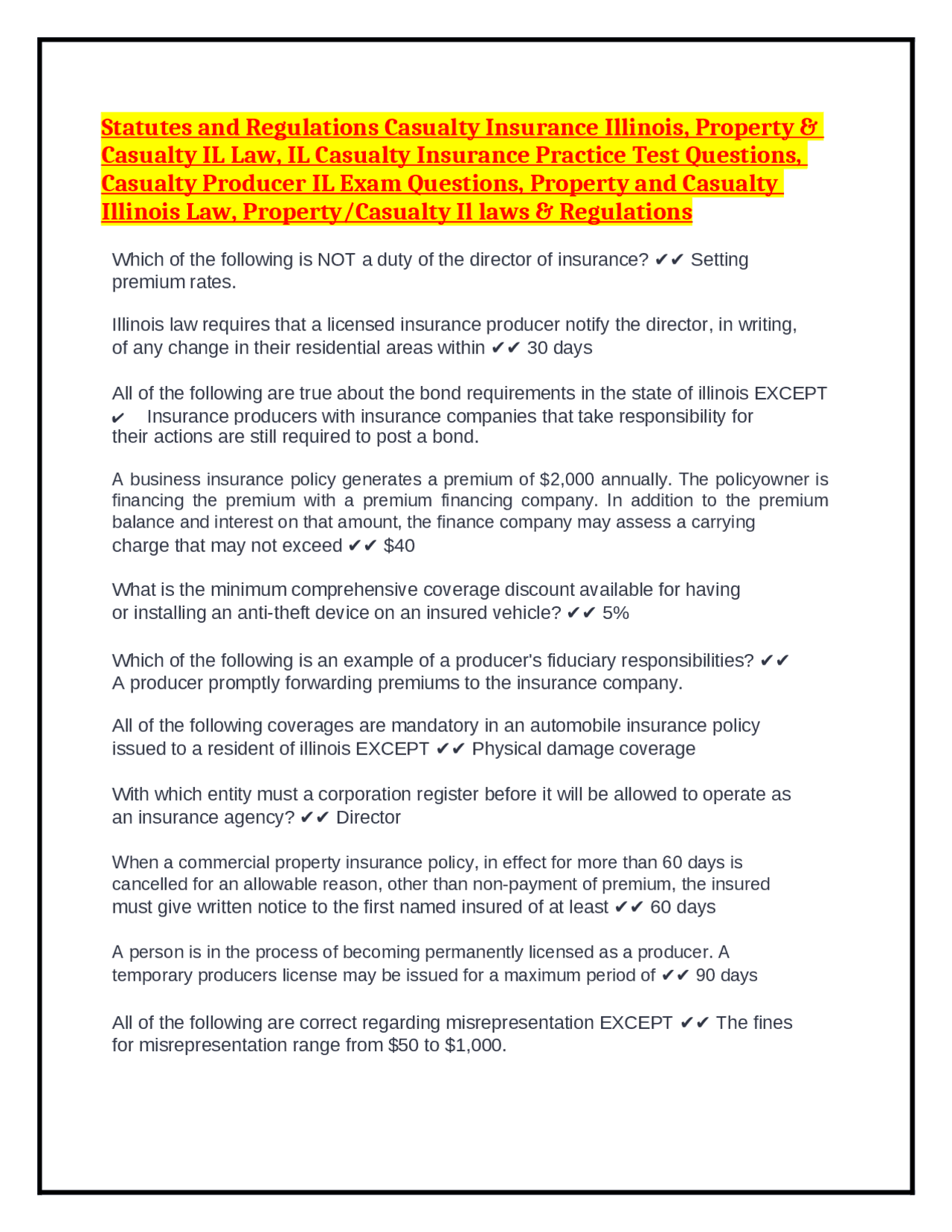 Statutes and Regulations Casualty Insurance Illinois, Property Test ...