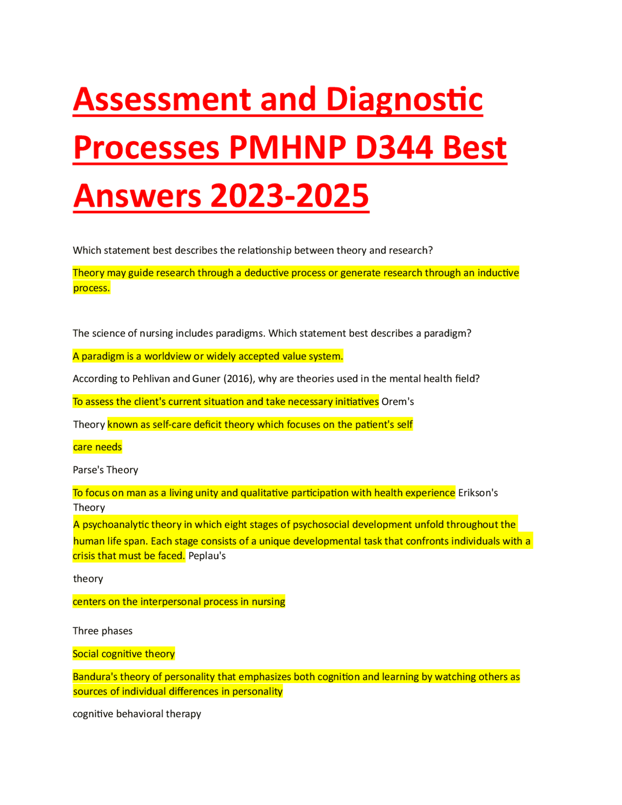 Assessment and Diagnostic Processes PMHNP D344 Best Answers 2023-2025 ...