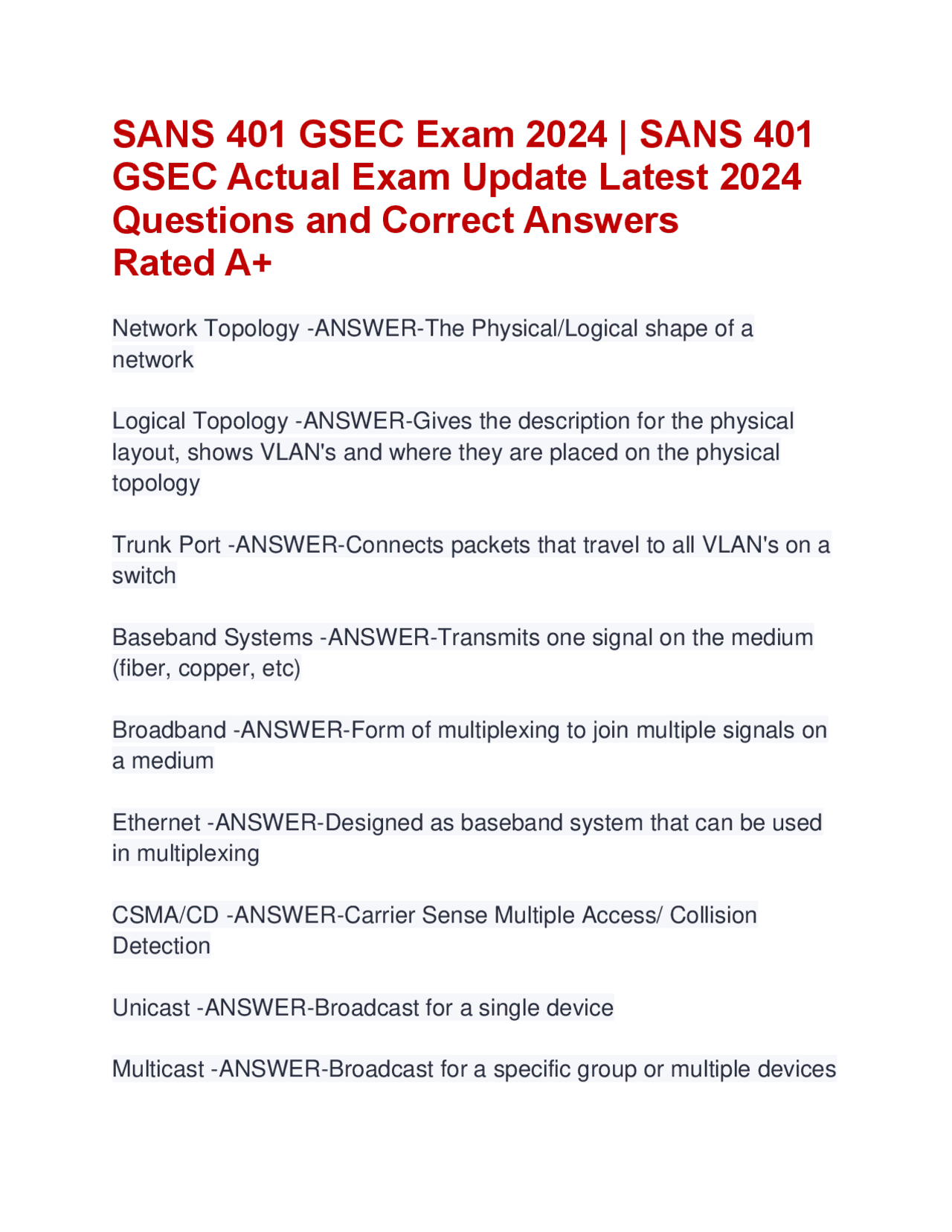 SANS 401 GSEC Exam 2024: Questions and Answers on Networking and ...