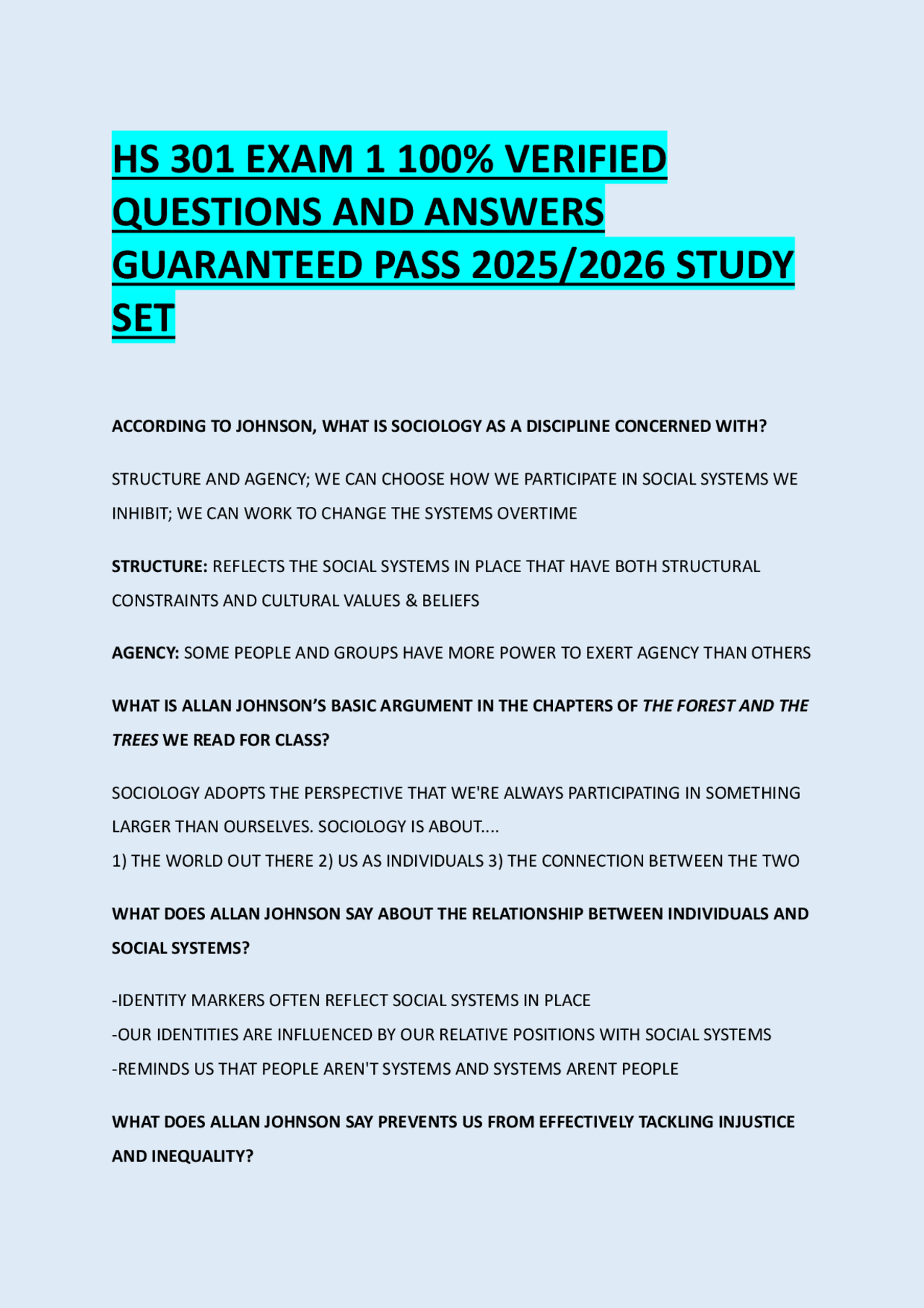 HS 301 EXAM 1 100% VERIFIED QUESTIONS AND ANSWERS GUARANTEED PASS 2025/ ...