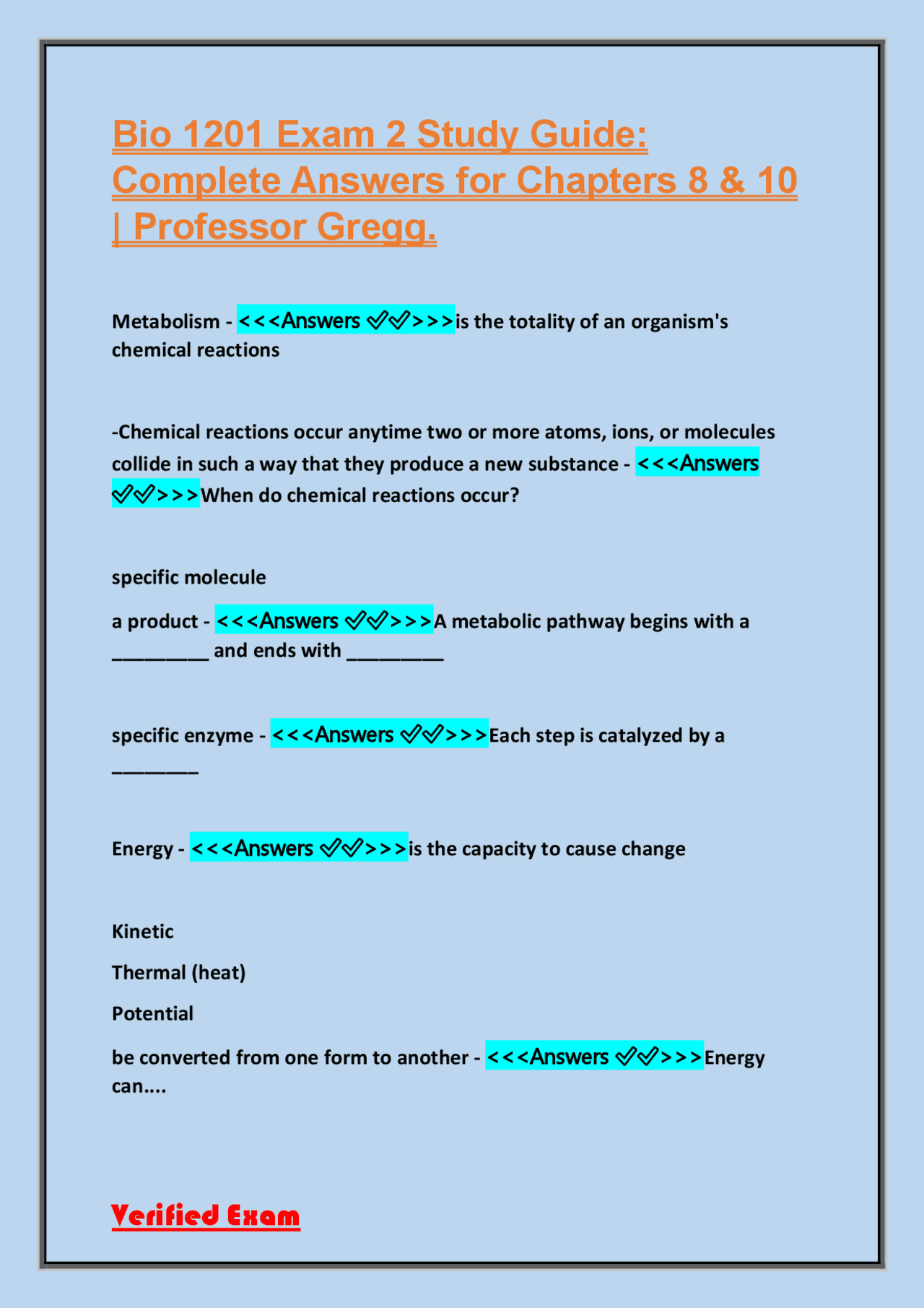 Bio 1201 Exam 2 Study Guide: Complete Answers for Chapters 8 & 10 ...