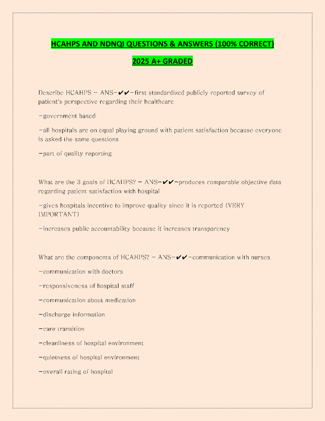 HCAHPS AND NDNQI QUESTIONS & ANSWERS (100% CORRECT) 2025 A+ GRADED ...