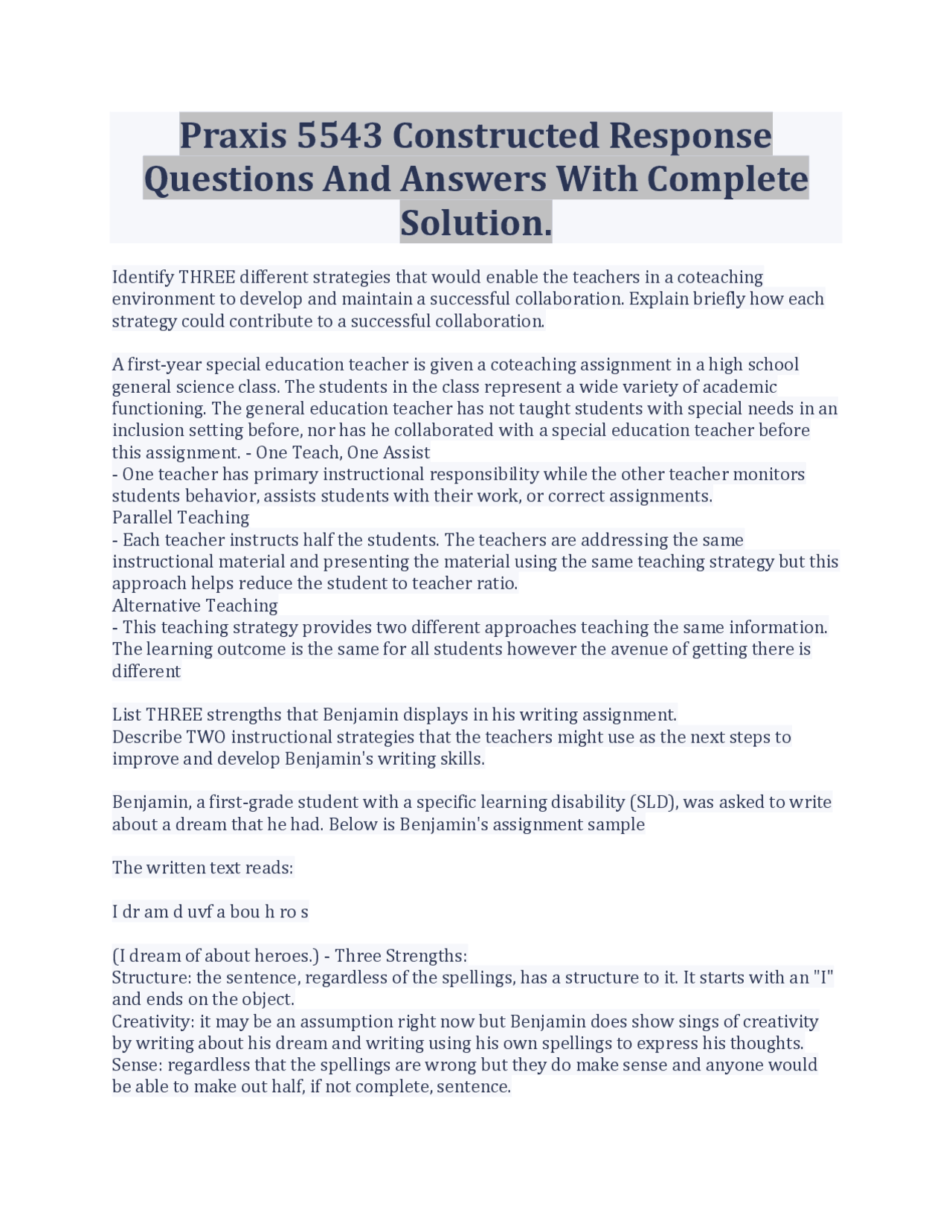 Praxis 5543 Constructed Response Questions And Answers With Complete ...