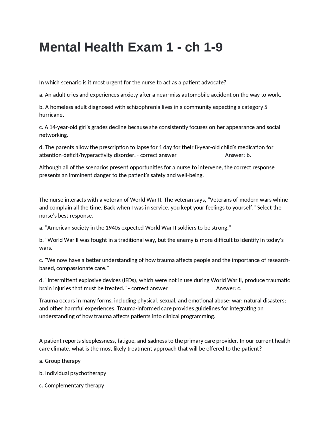 Mental Health Exam 1 Questions With Correct Answers. | Exams Nursing ...