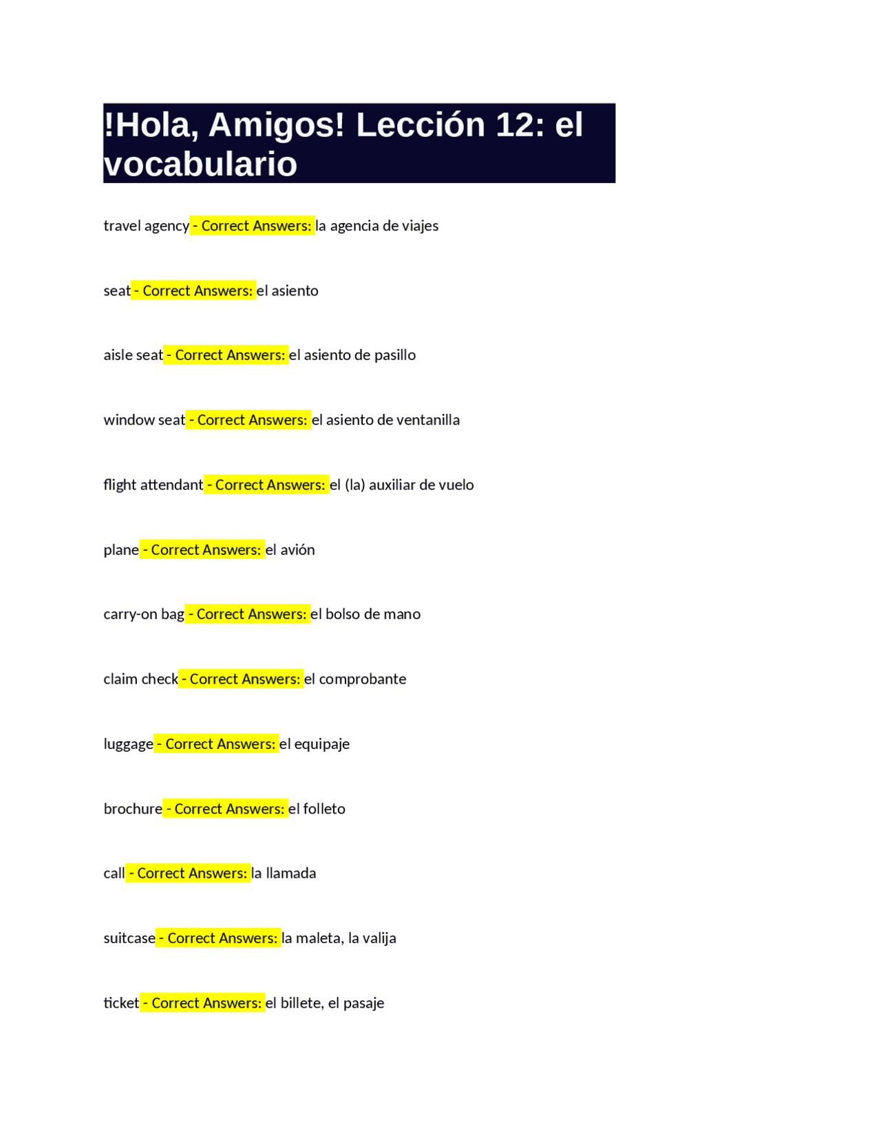 !Hola, Amigos! Lección 12 el vocabulario | Exams Spanish Language | Docsity