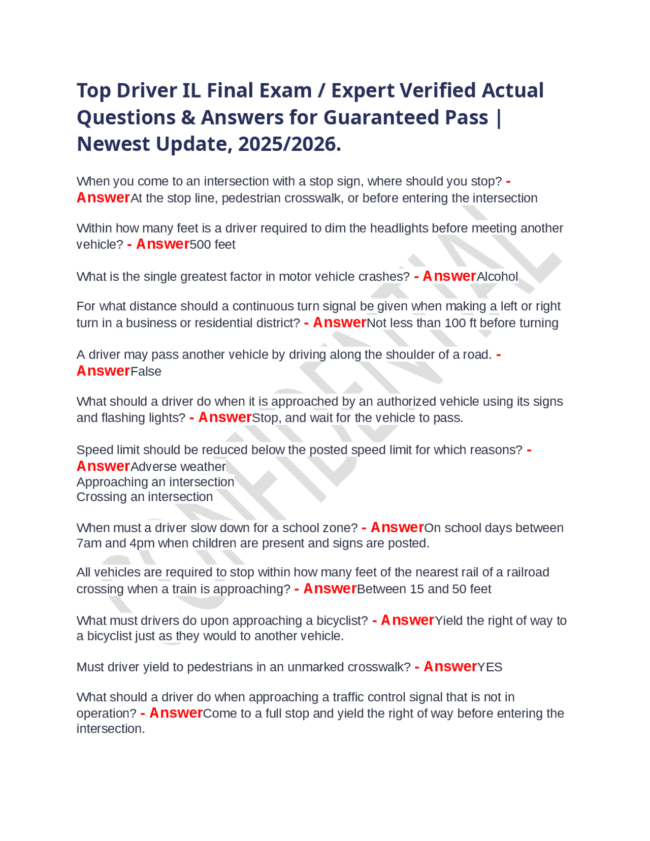 Top Driver IL Final Exam / Expert Verified Actual Questions & Answers ...