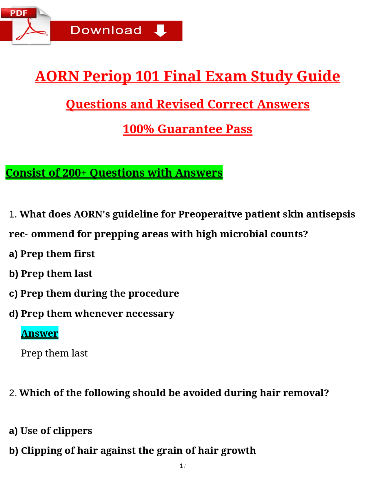 AORN Periop 101 Final Exam Study Guide (Latest 2025 / 2026) Qs and Ans ...