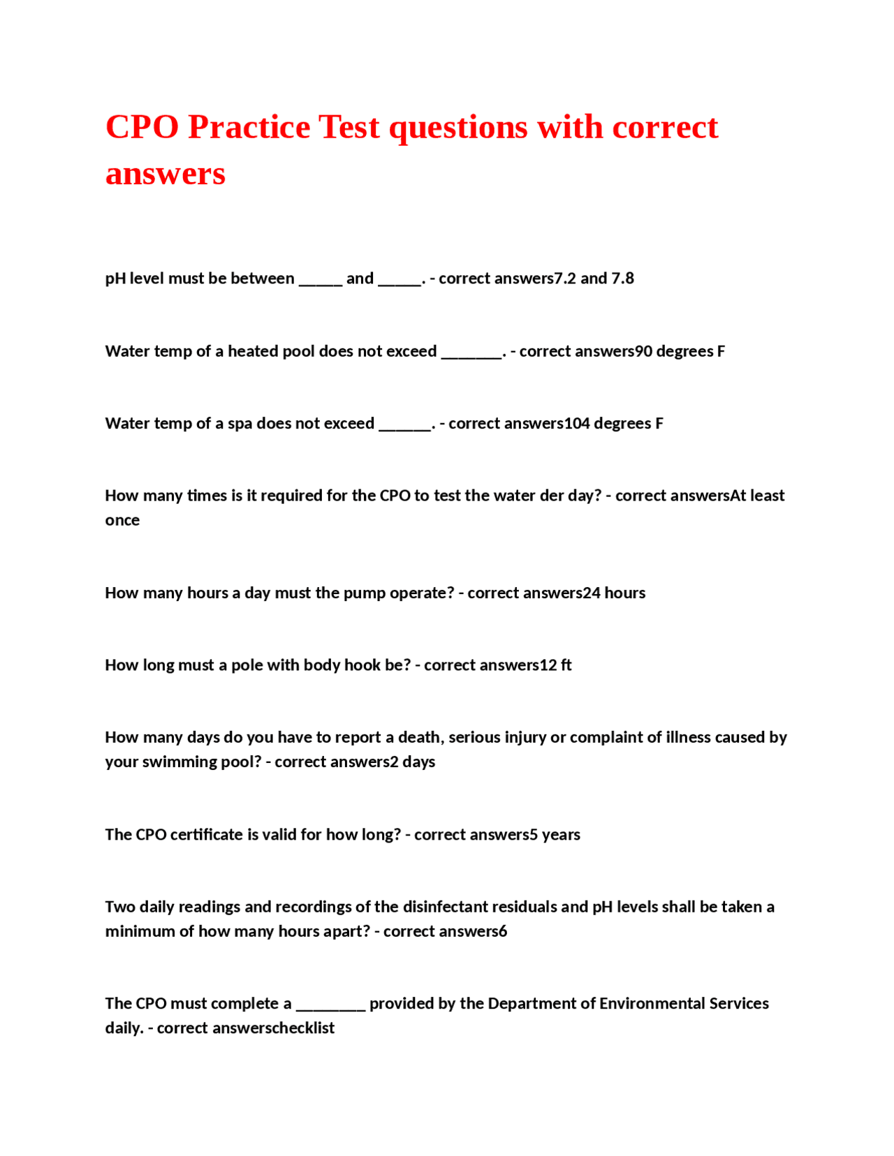 CPO Practice Test Questions and Answers: Pool Safety and Maintenance ...