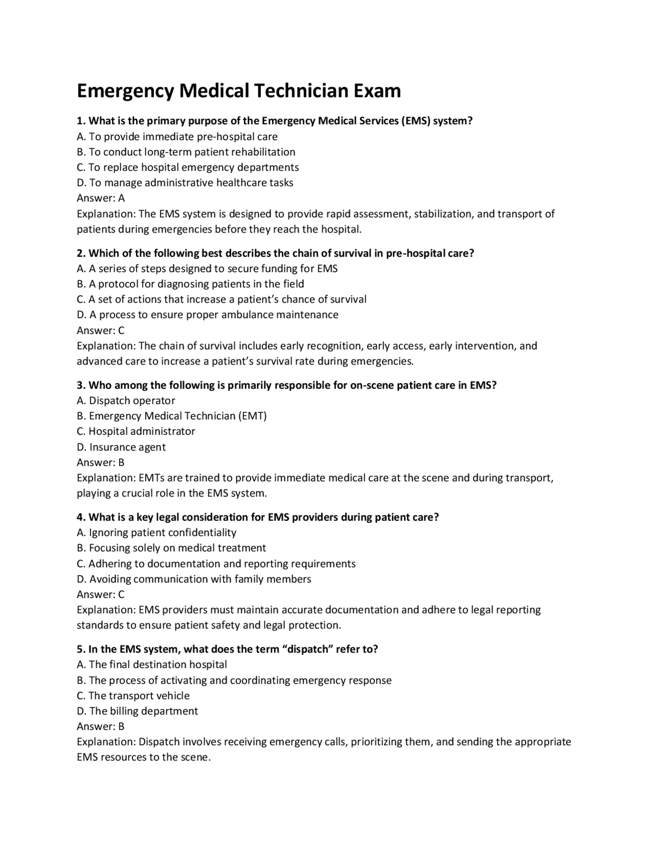Emergency Medical Technician (EMT) Exam Questions and Answers | Exams ...