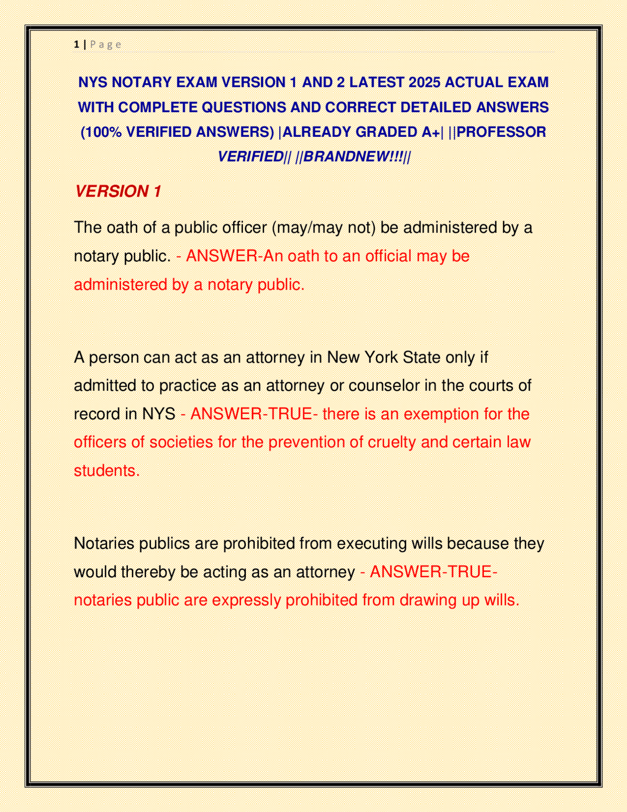 NYS NOTARY EXAM VERSION 1 AND 2 LATEST 2025 ACTUAL EXAM WITH COMPLETE ...