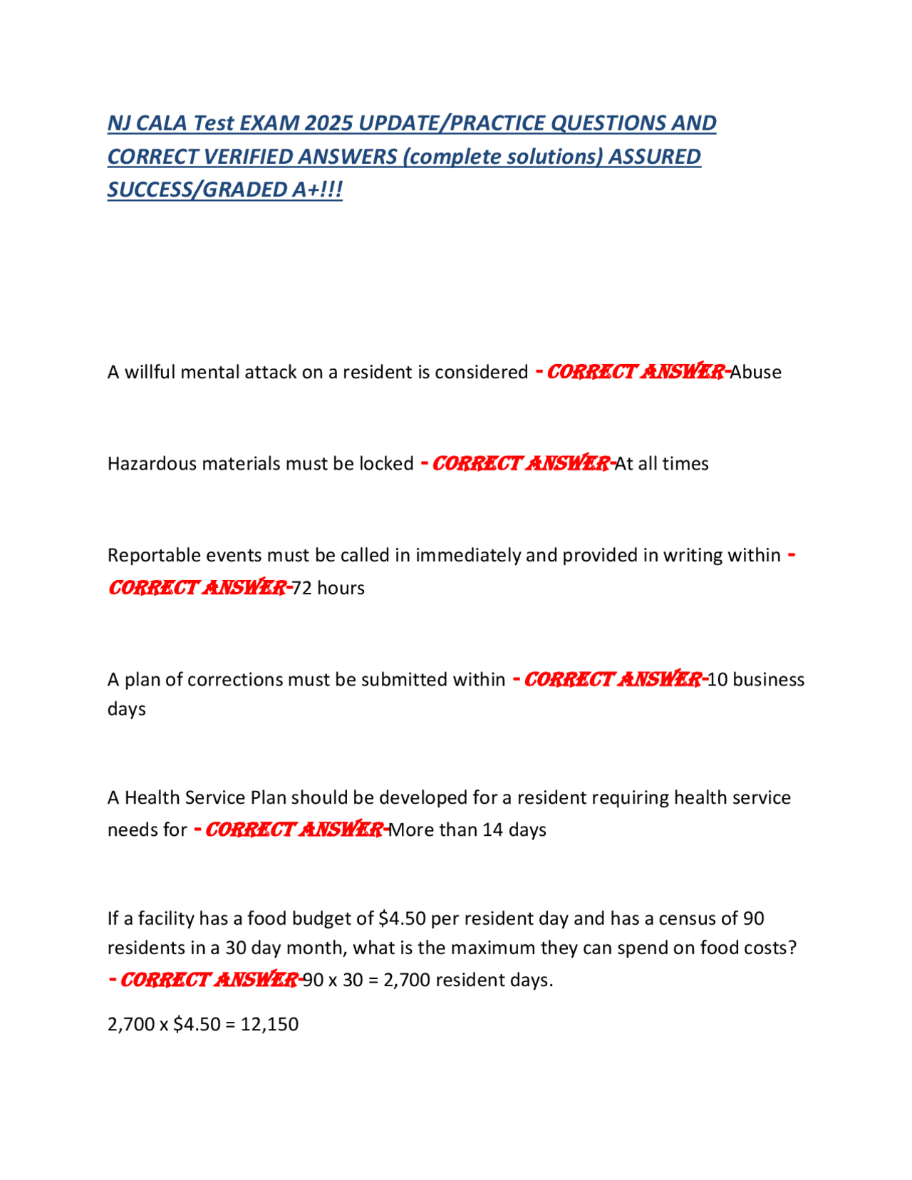 NJ CALA Test EXAM 2025 UPDATE/PRACTICE QUESTIONS AND CORRECT VERIFIED ...