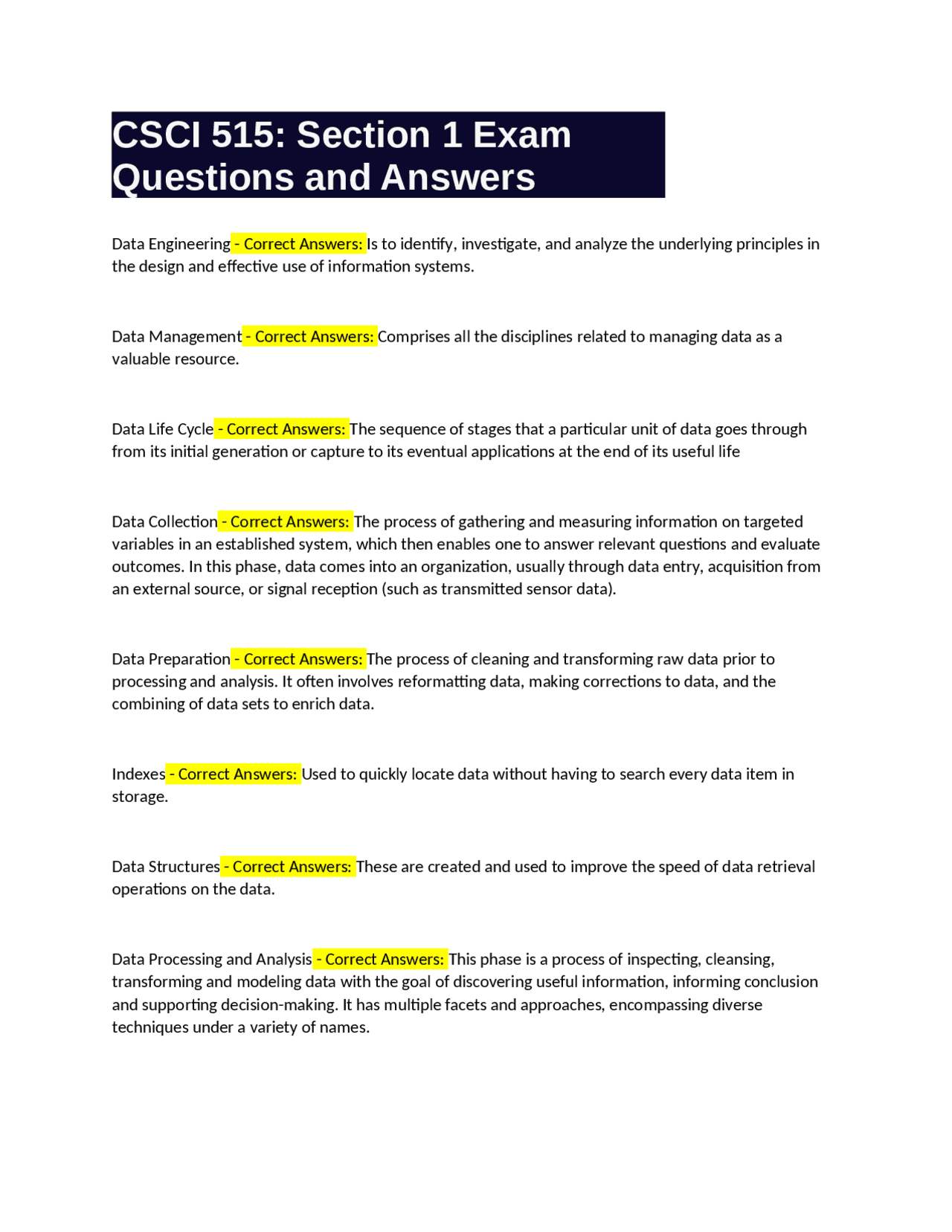 CSCI 515 Exam: Data Engineering, Management, and the Data Life Cycle | Exams Engineering | Docsity