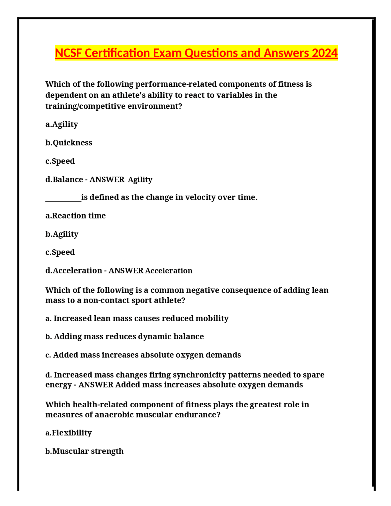 NCSF Certification Exam Questions & Answers 2024 | Exams Nursing | Docsity