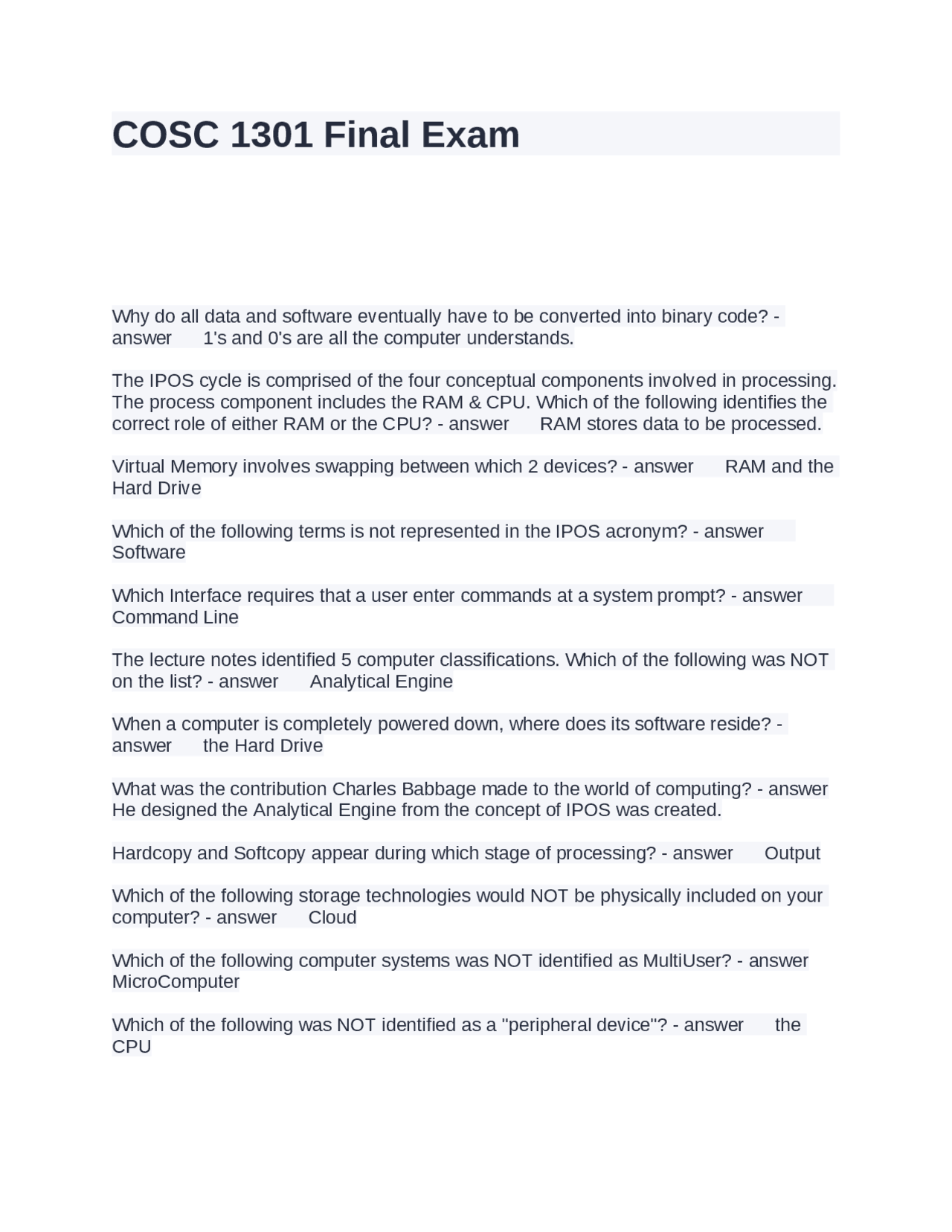 COSC 1301 Final Exam Questions with Correct Answers | Exams Advanced Education | Docsity