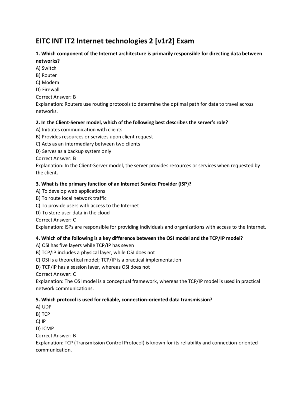 Internet Technologies Exam: Multiple Choice Questions and Answers ...