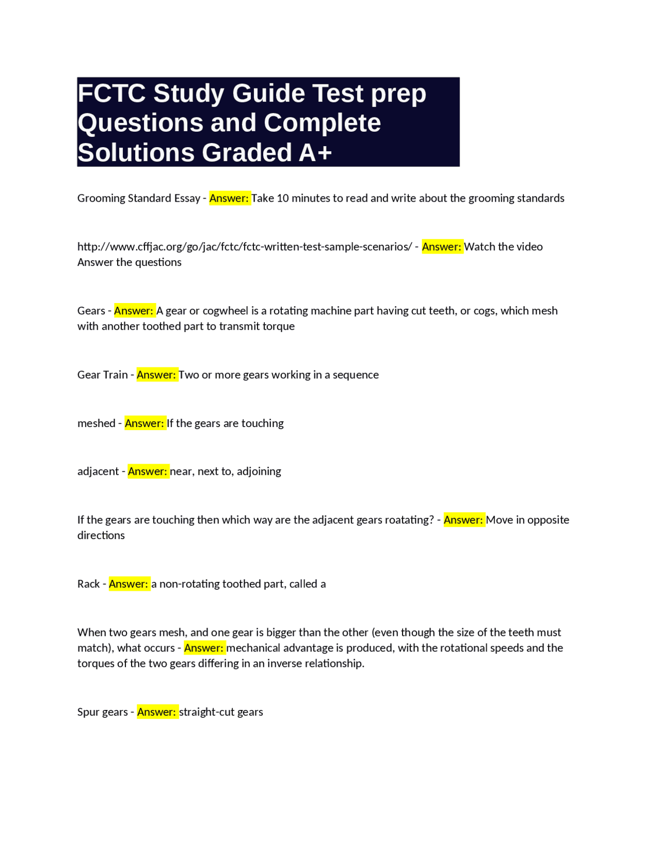 FCTC Study Guide Test prep Questions and Complete Solutions Graded A+ ...