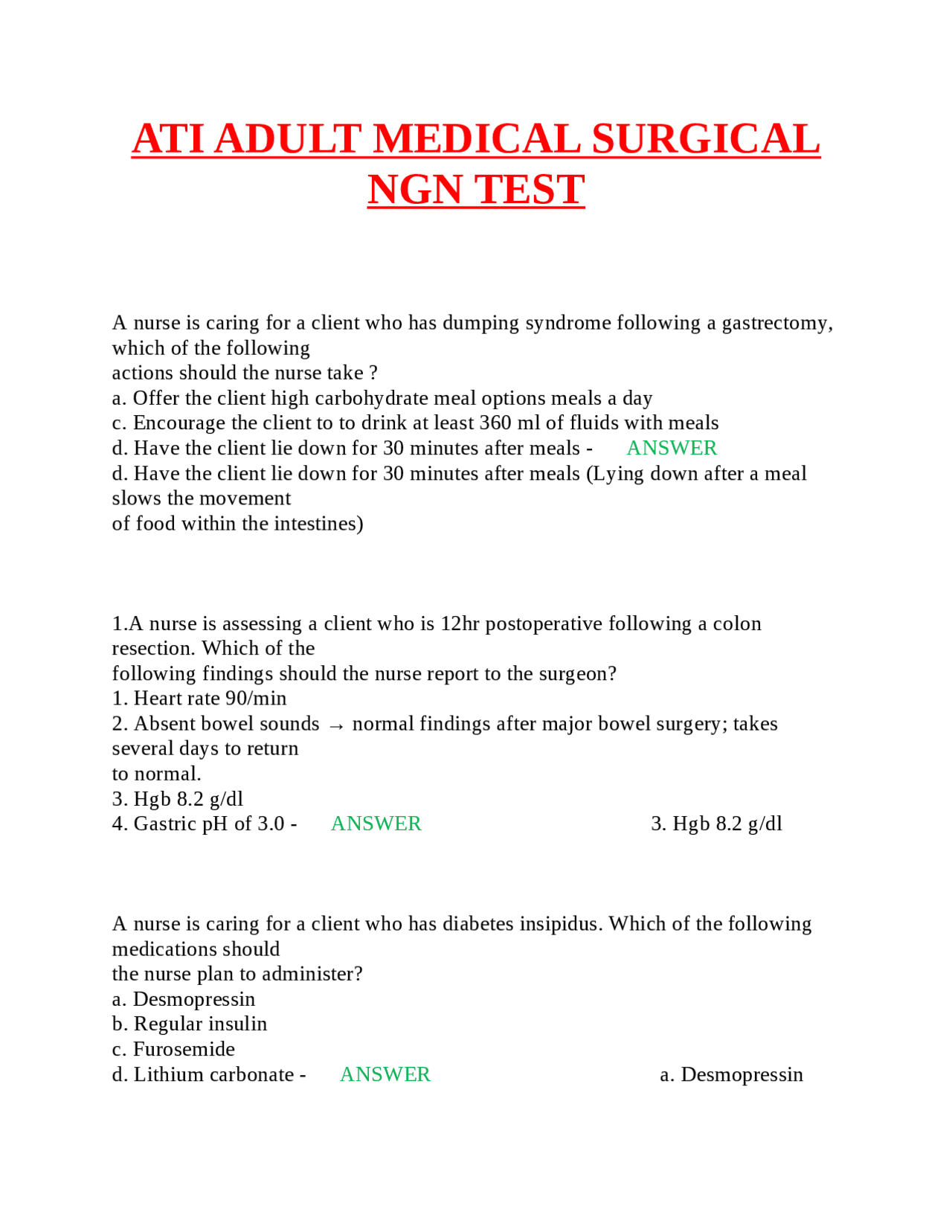 ATI ADULT MEDICAL SURGICAL NGN TEST | Exams Nursing | Docsity