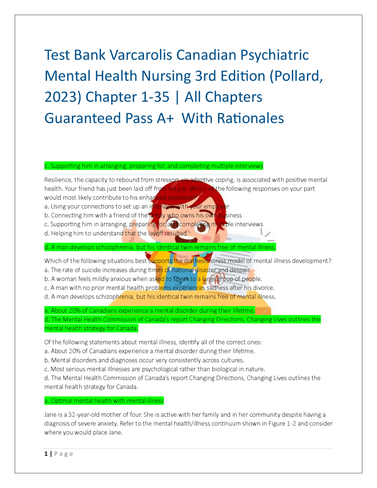 Test Bank Varcarolis Canadian Psychiatric Mental Health Nursing 3rd ...