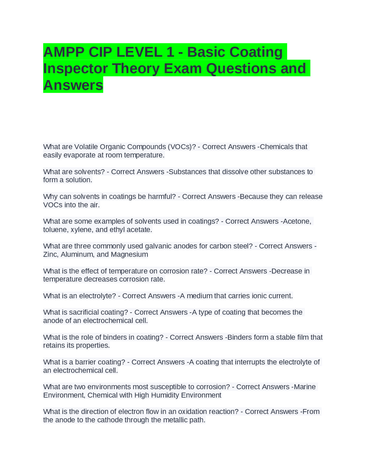 AMPP CIP LEVEL 1 - Basic Coating Inspector Theory Exam Questions and Answers | Graded A | Exams ...