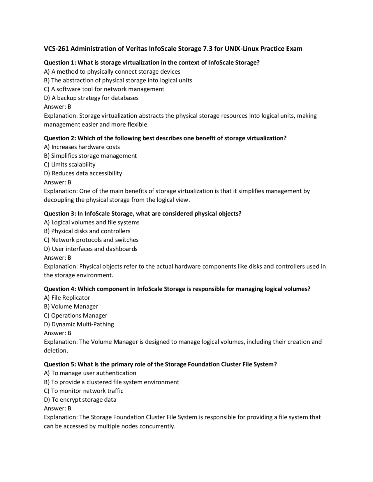 Exam VCS-261 Administration of Veritas InfoScale Storage 7.3 for UNIX ...