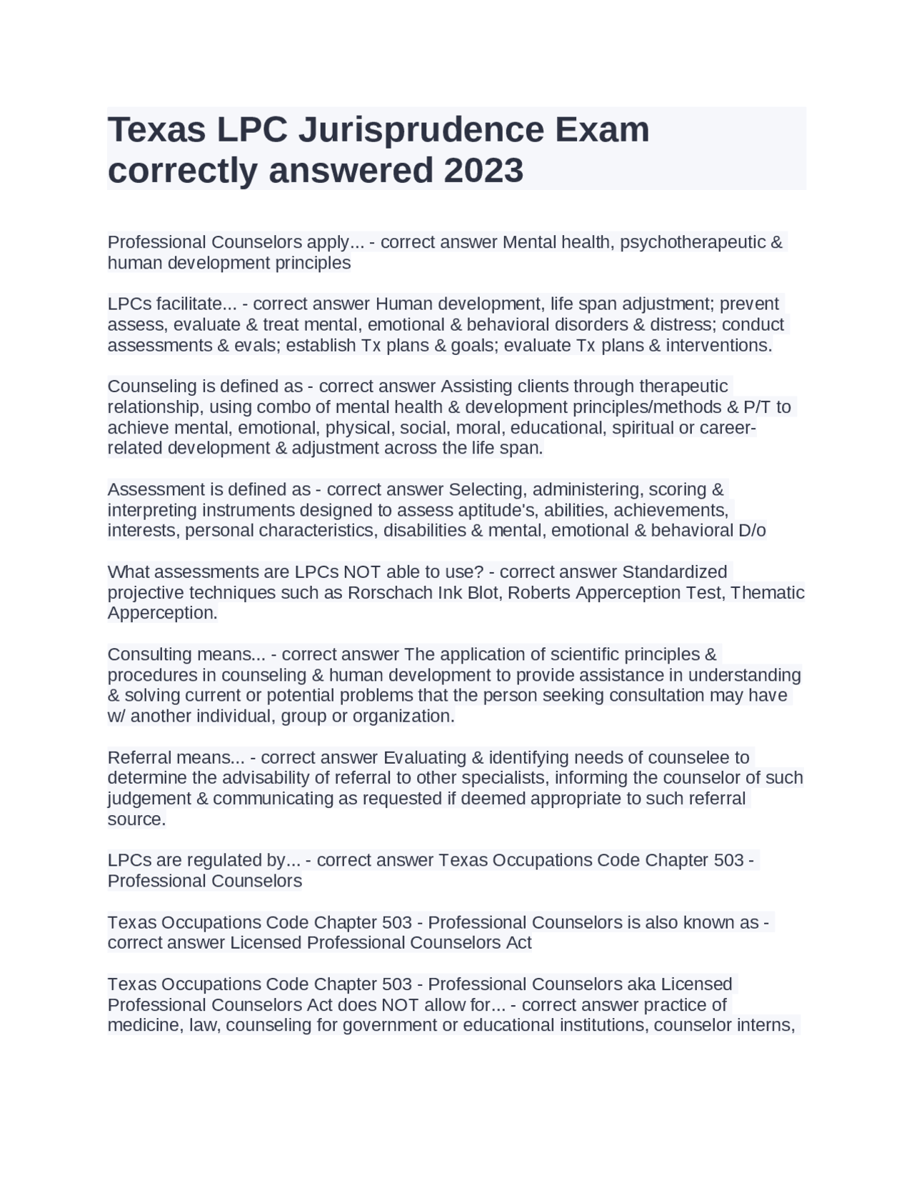 Texas LPC Jurisprudence Exam correctly answered 2023.docx | Exams ...