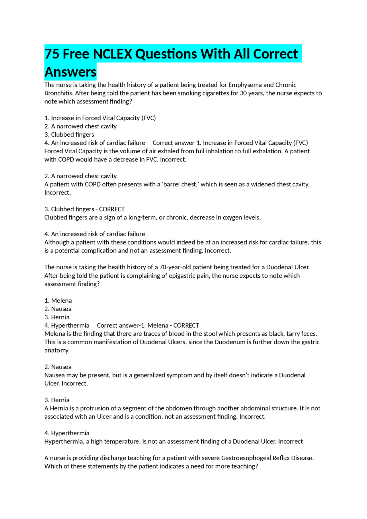 NCLEX-RN Practice Questions: Emphysema, Duodenal Ulcers, GERD, Peptic ...