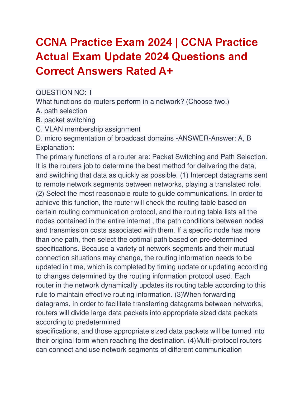 CCNA Practice Exam 2024 | CCNA Practice Actual Exam Update 2024 Questions and Correct An | Exams ...