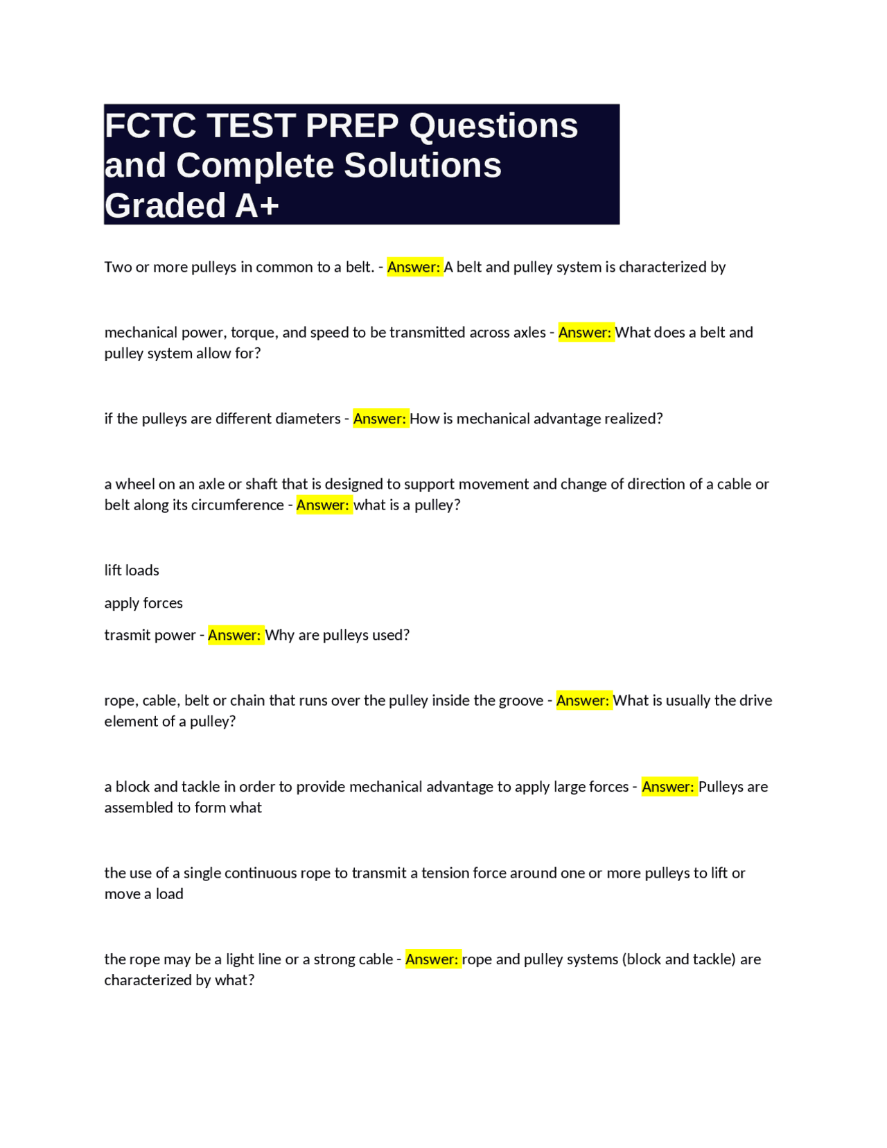 FCTC TEST PREP Questions and Complete Solutions Graded A+ | Exams ...