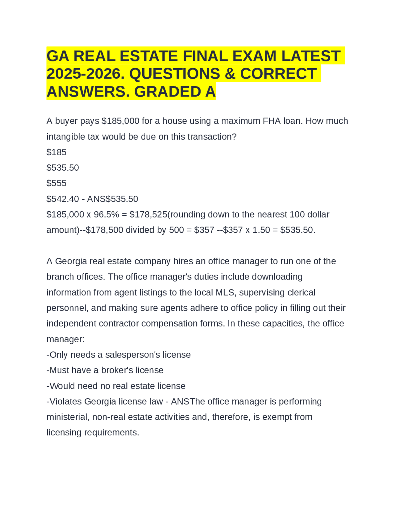 GA REAL ESTATE FINAL EXAM LATEST 2025-2026. QUESTIONS & CORRECT ANSWERS ...