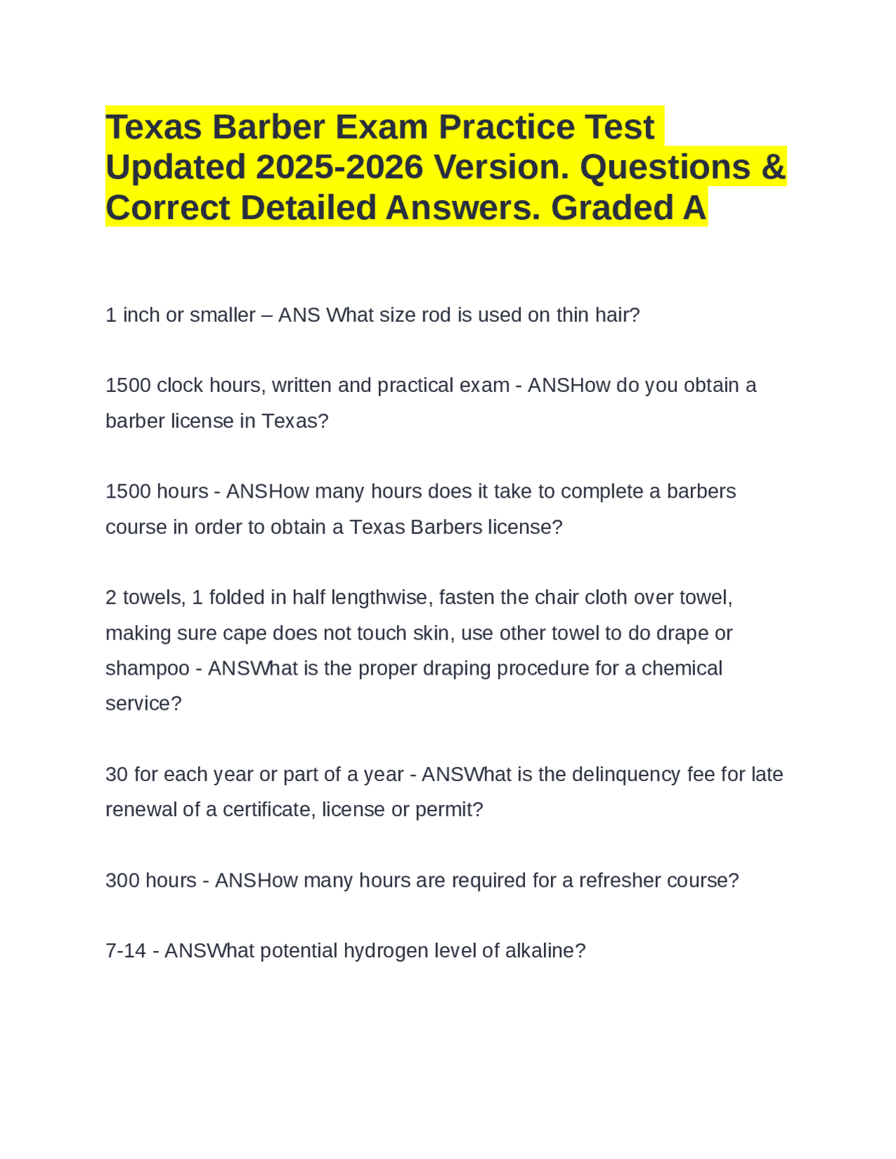 Texas Barber Exam Practice Test Updated 2025-2026 Version. Questions ...